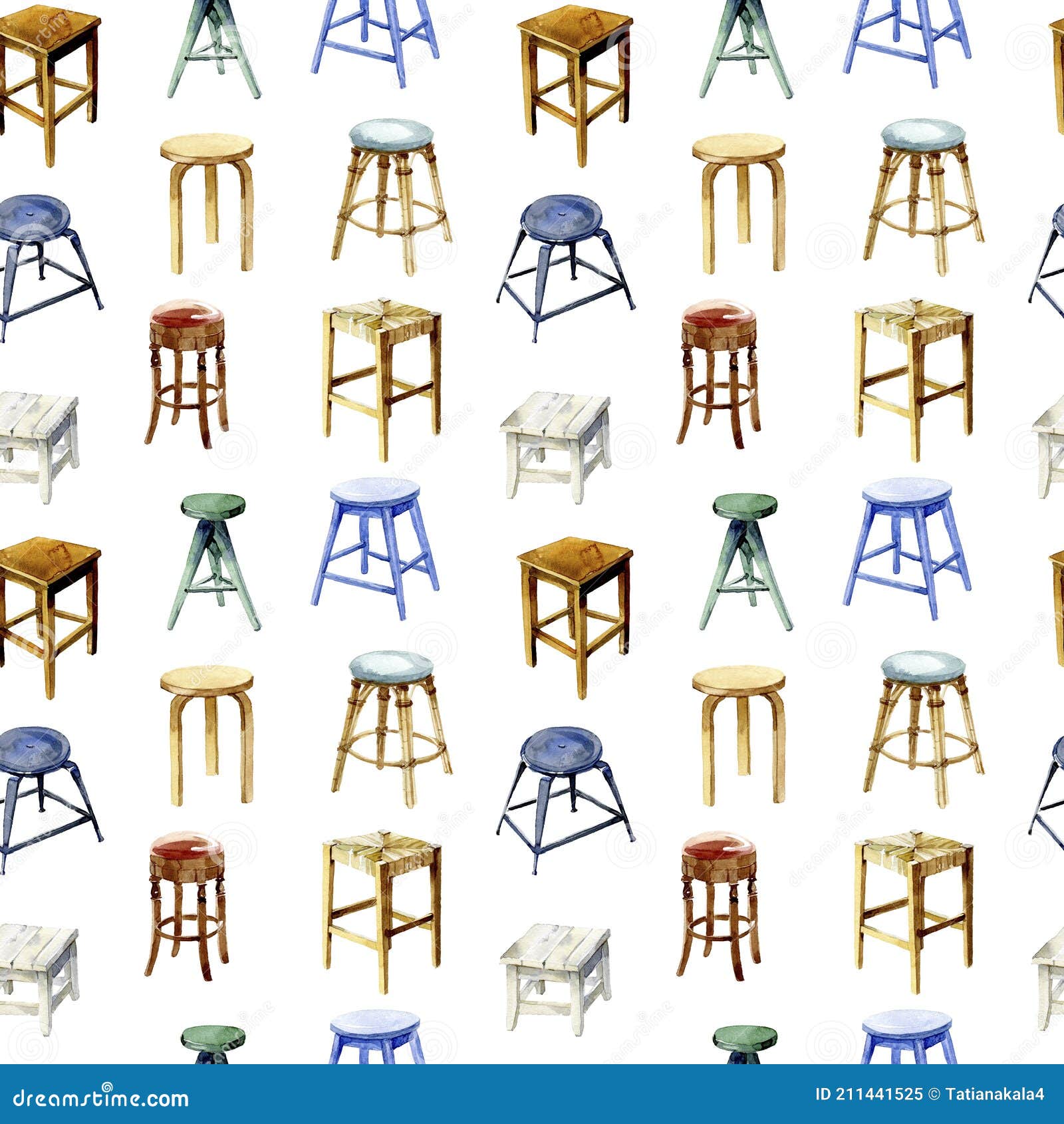 Watercolor Kitchen and Bar Backless Stools Seamless Pattern. . Stock ...