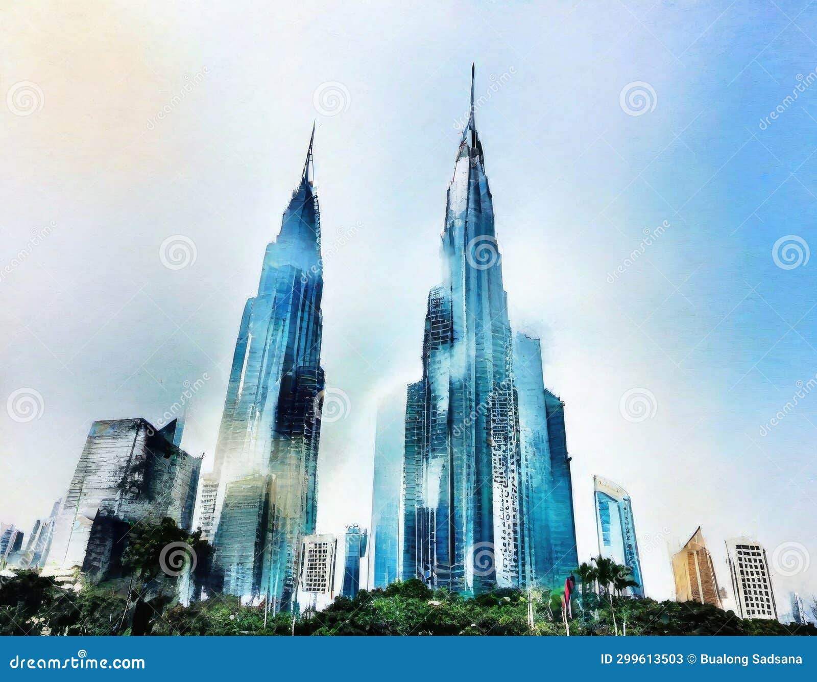 Watercolor of KLCC Tower Futuristic Stock Illustration - Illustration ...