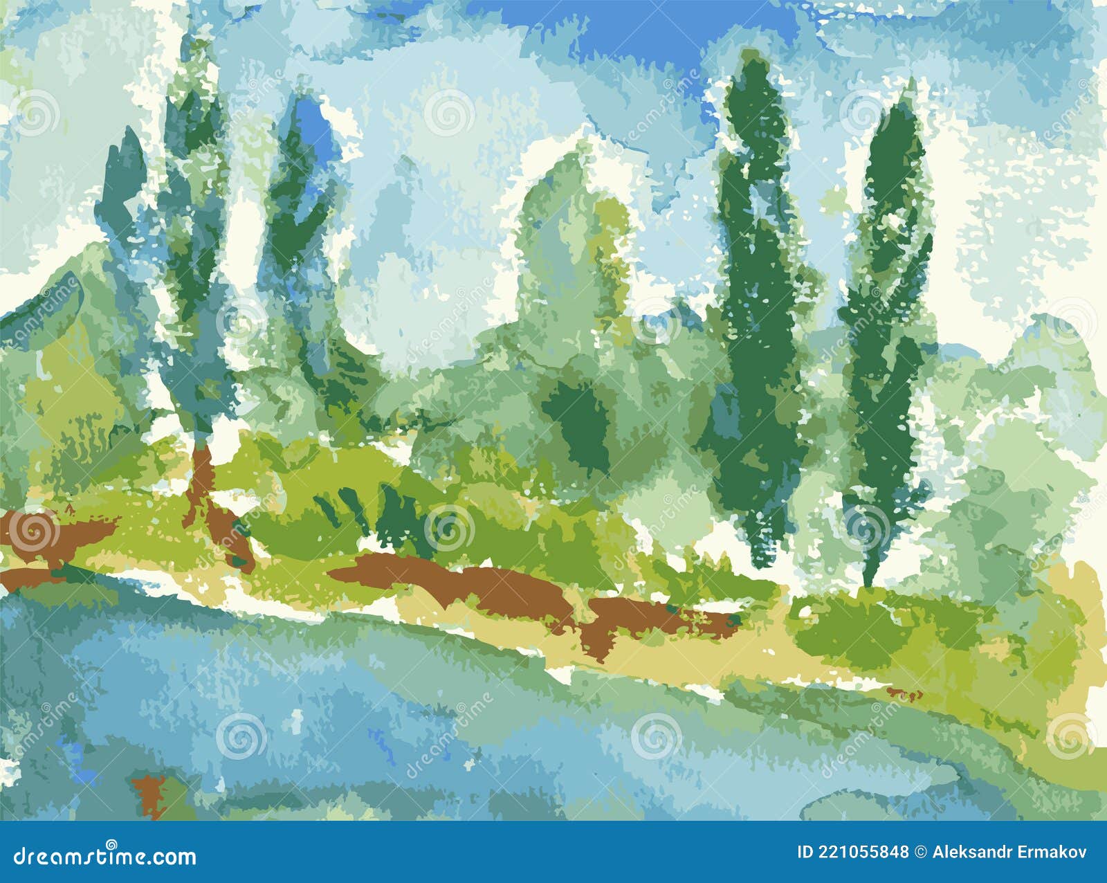 Watercolor Vector Drawing of Abstract Riverside Landscape with Trees on ...