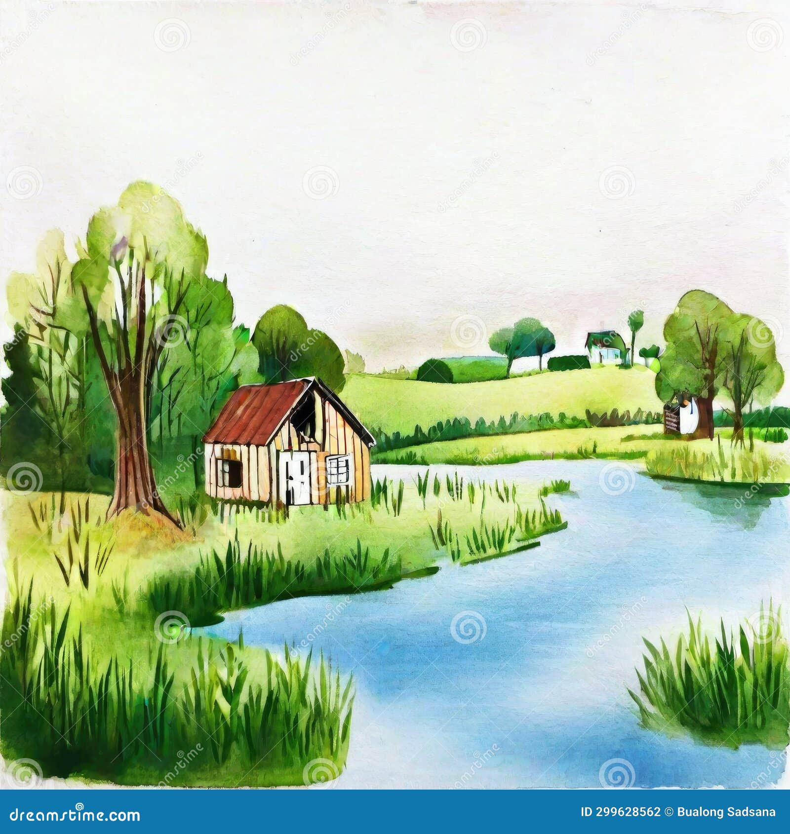 Watercolor of Landscape with House and River Stock Illustration ...