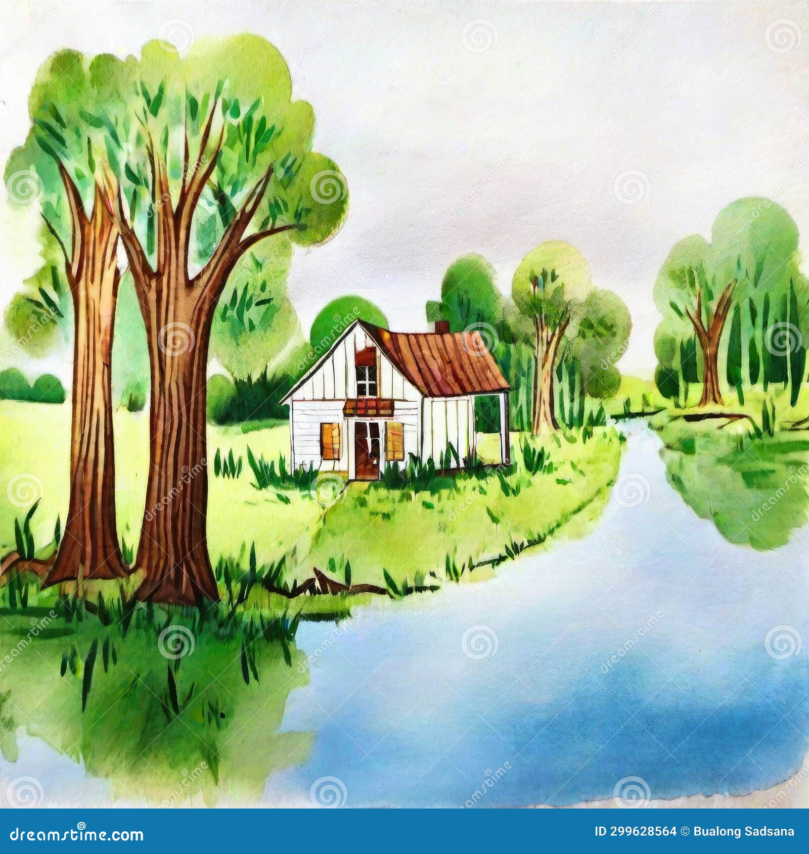 Watercolor of Landscape with House and River Stock Illustration ...