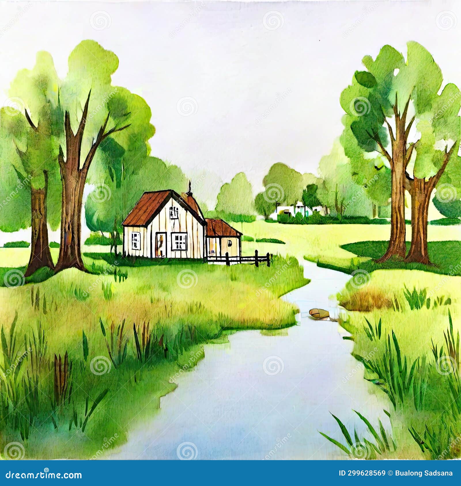 Watercolor of Landscape with House and River Stock Illustration ...