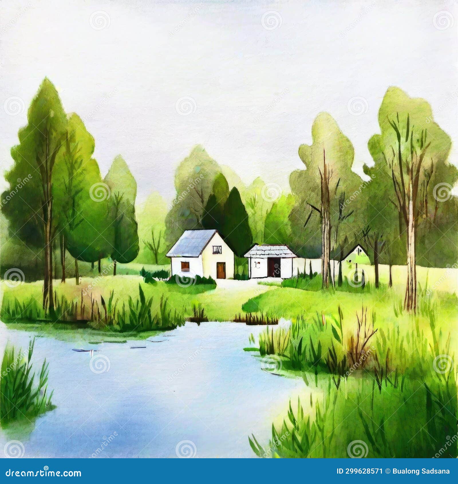 Watercolor of Landscape with House and River Stock Illustration ...