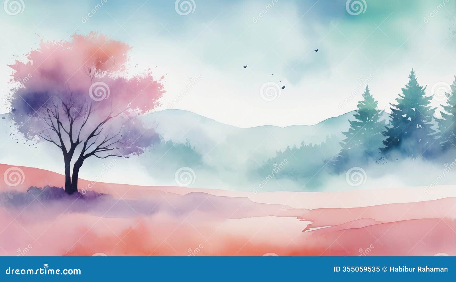 Watercolor Landscape with a Lone Tree in the Foreground Stock ...