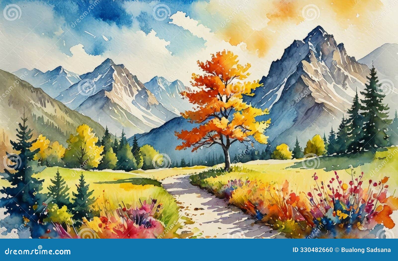 Watercolor Landscape with Path and Mountains Stock Illustration ...