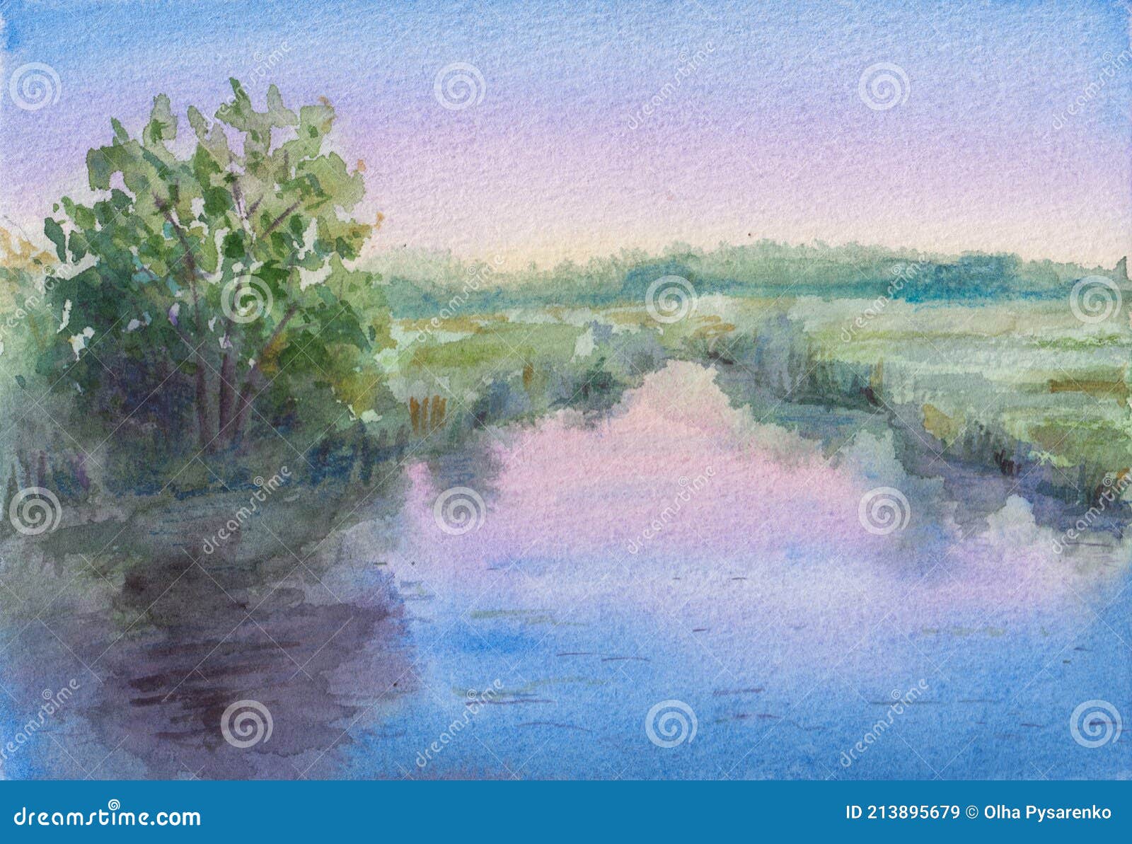 Landscape with River and Tree Stock Illustration - Illustration of ...