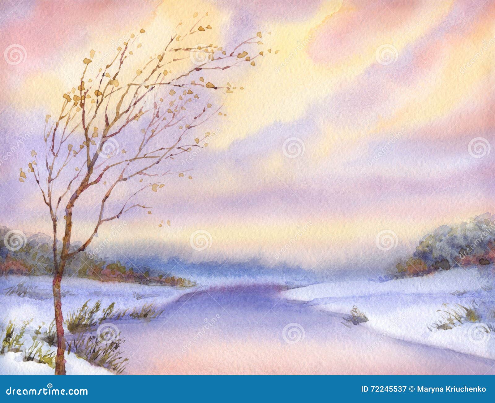 Watercolor Landscape Yellowed Tree Over Snow Covered Lake Stock