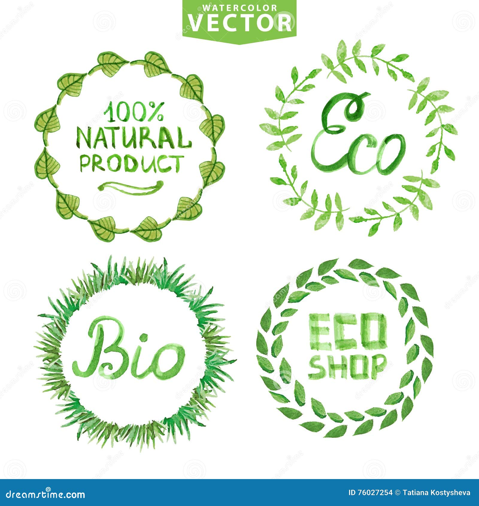 Watercolor Laurels Wreath Set Eco Bio Nature Labels Stock Vector