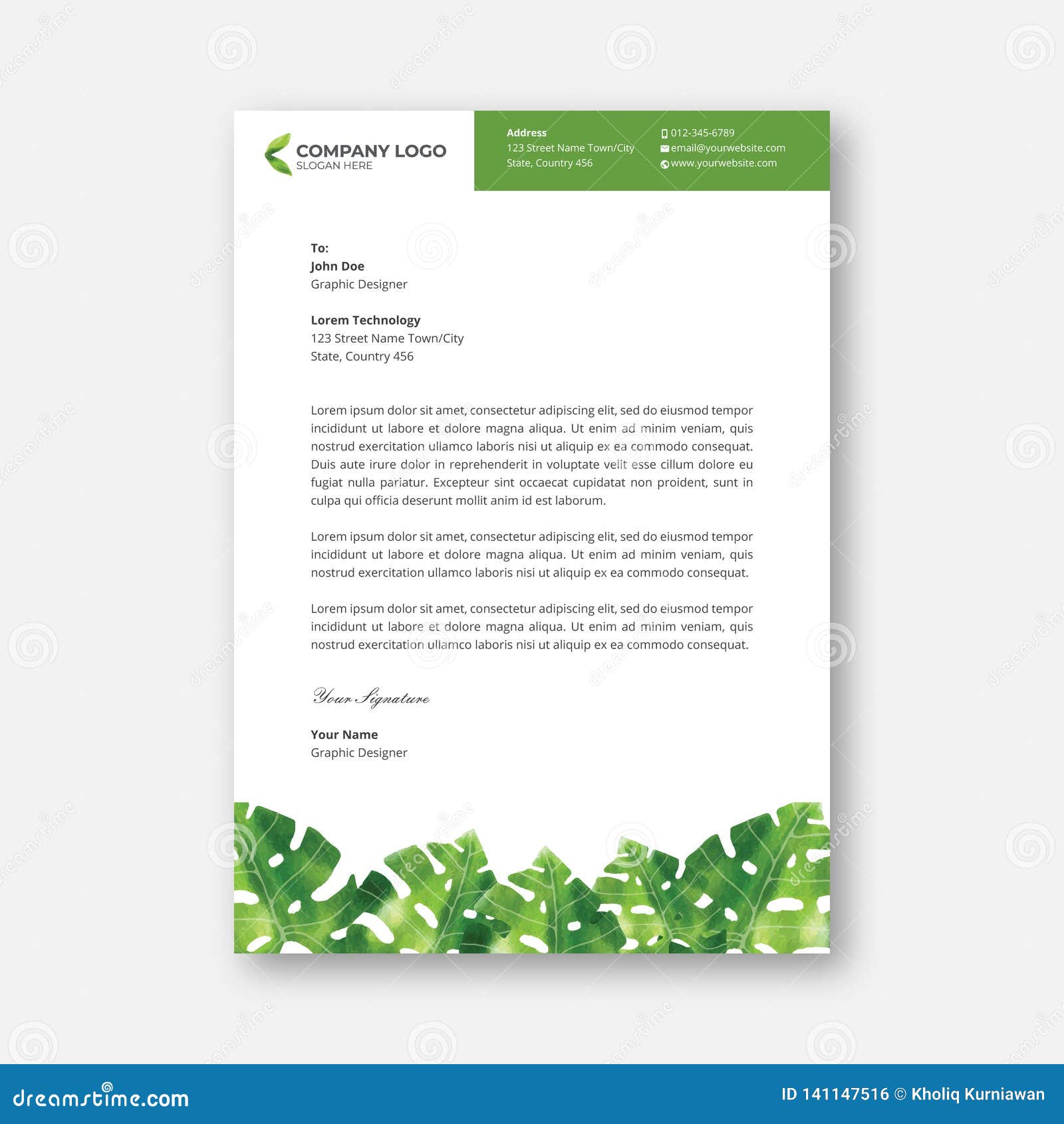 Watercolor Leaf Letterhead Design Template Stock Illustration ...