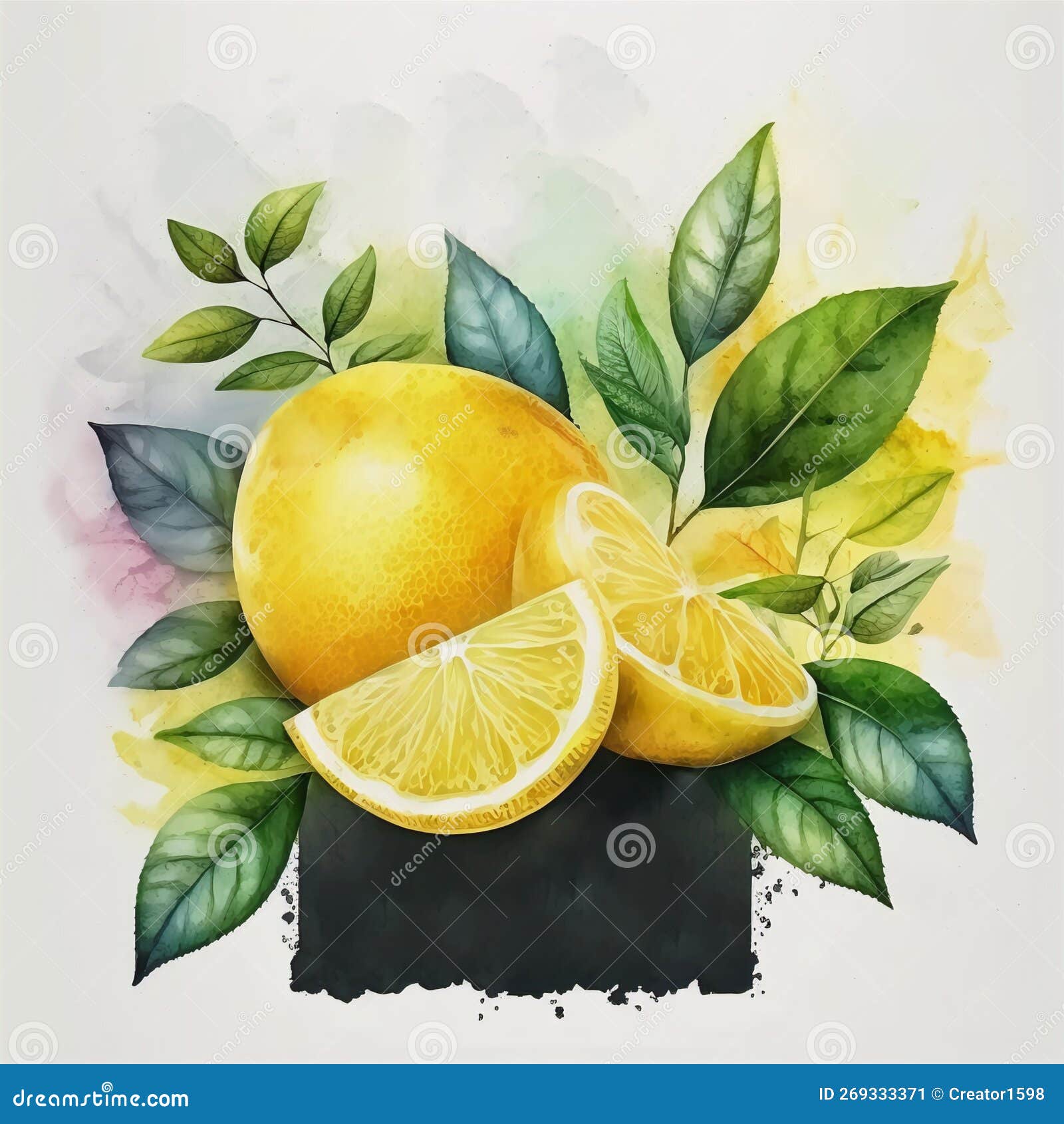 Watercolor Lemon on the Background of Leaves and Watercolor Stains with ...