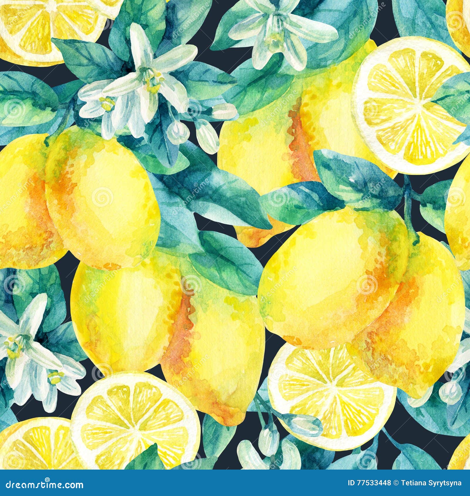 Watercolor Lemon Fruit Branch with Leaves Seamless Pattern Stock ...