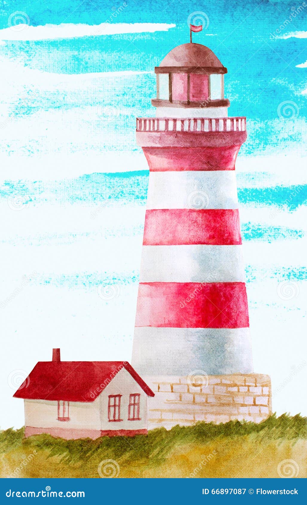 Watercolor lighthouse stock illustration. Illustration of nature - 66897087