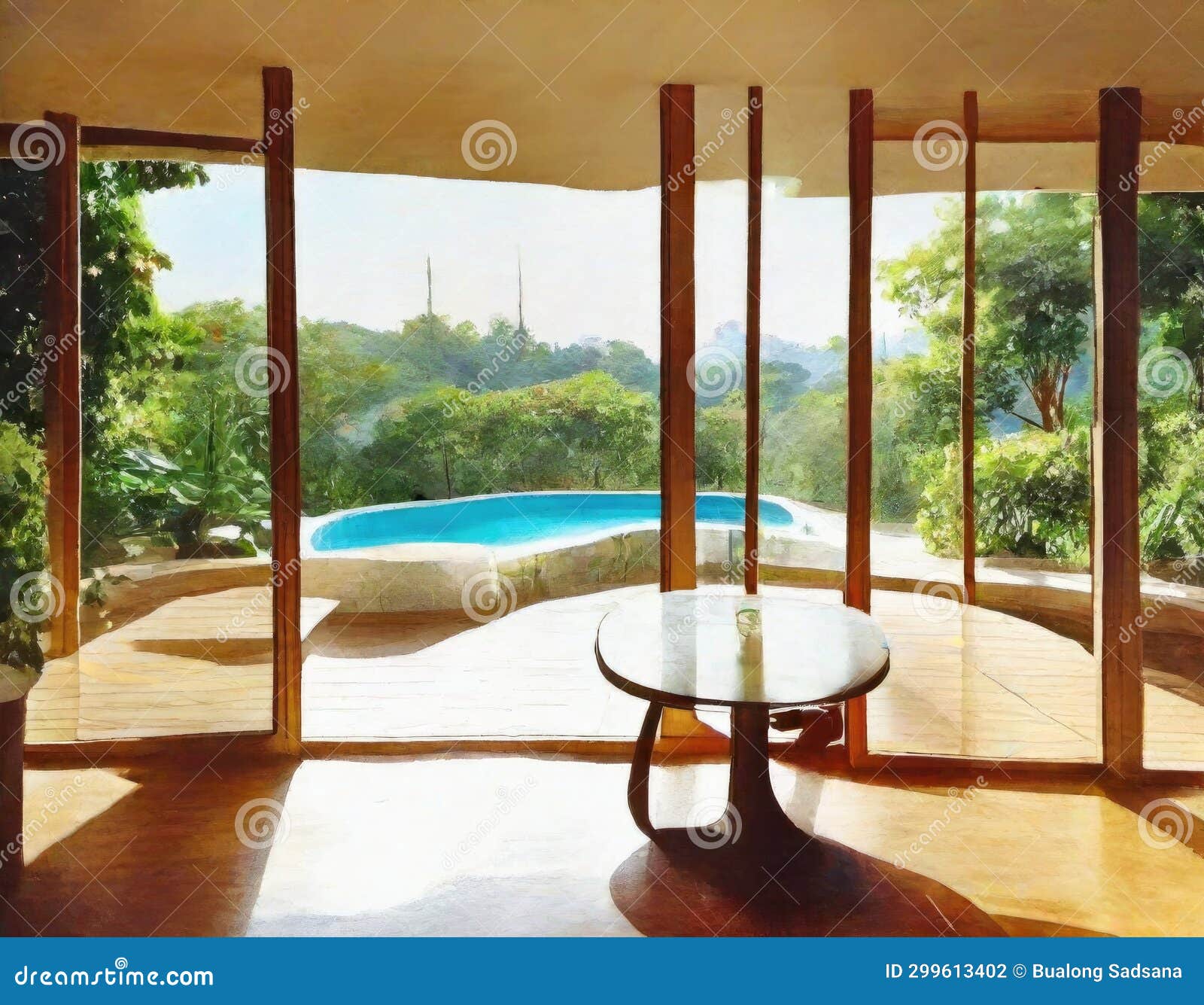 Watercolor of Luxury Hotel Pool Stock Illustration - Illustration of ...