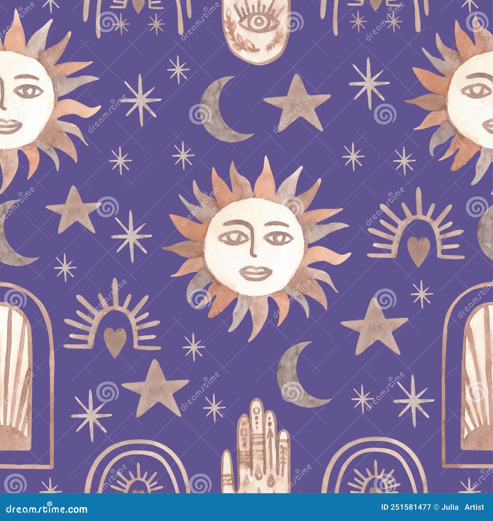 Watercolor Magic Pattern on Purple Background Stock Vector ...