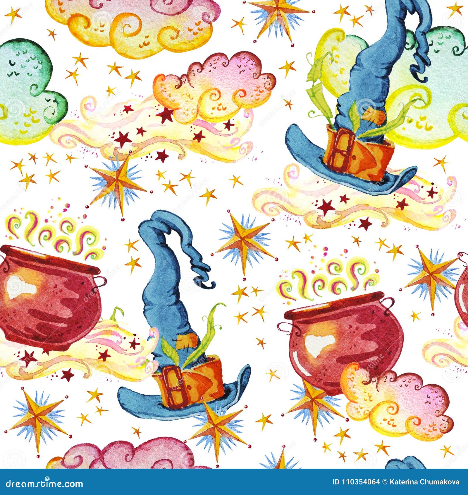 Watercolor Magic Seamless Pattern Illustration with Hand Drawn Artistic ...