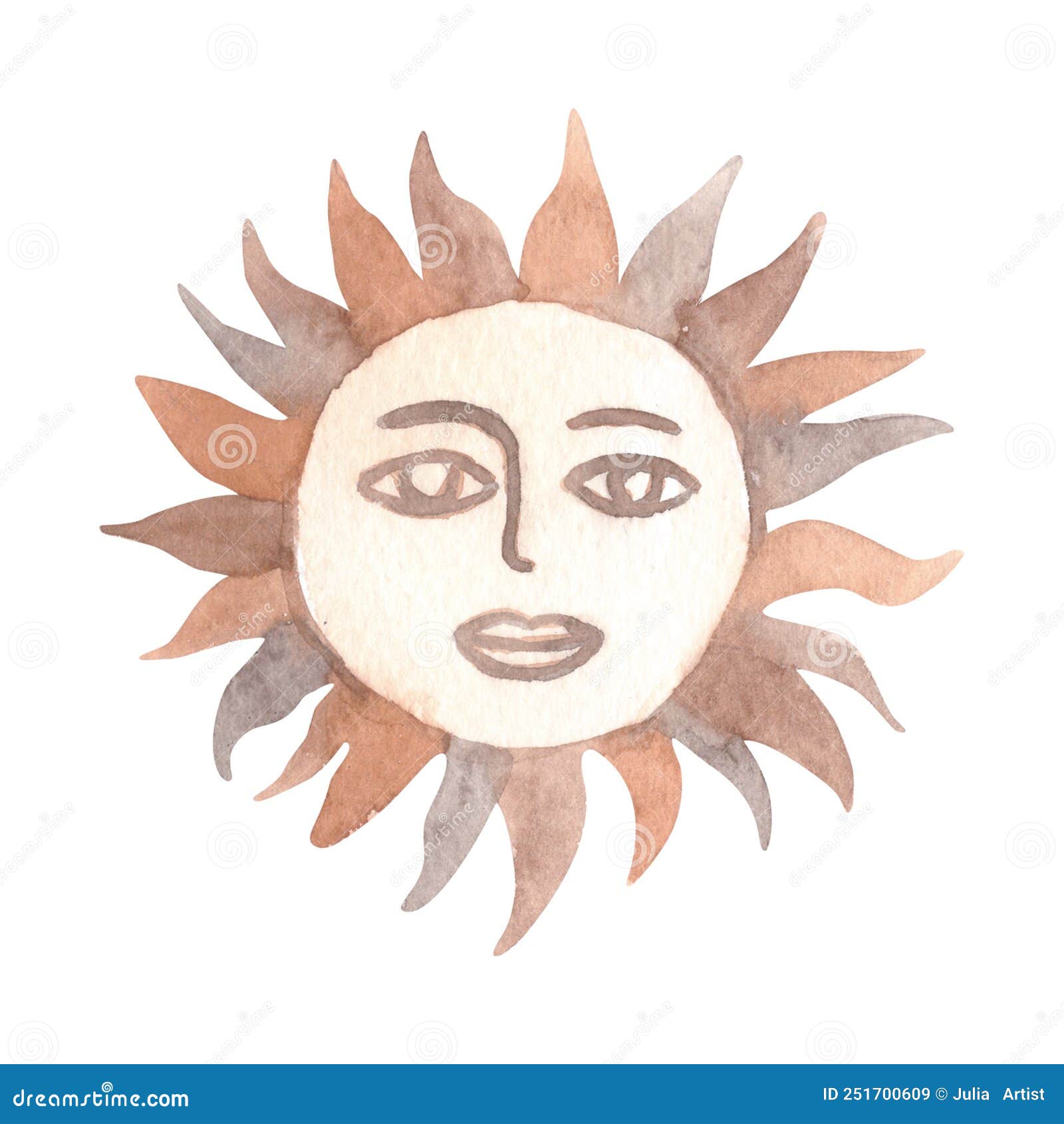Watercolor Magic Sun with Face Stock Illustration - Illustration of ...