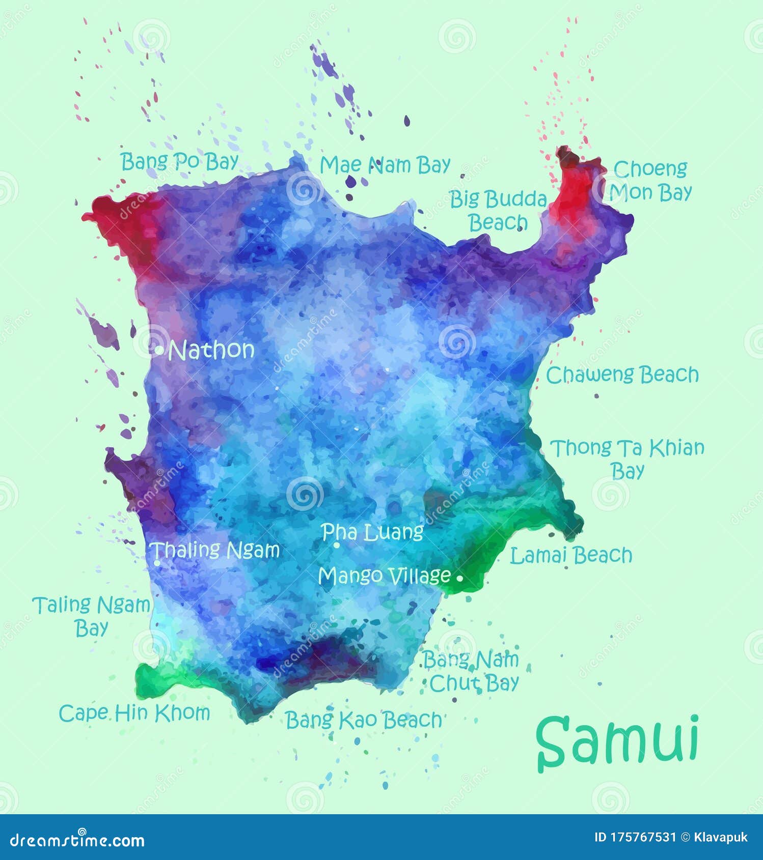 Watercolor Map of Koh Samui with Localities. Stylized Image with Spots ...