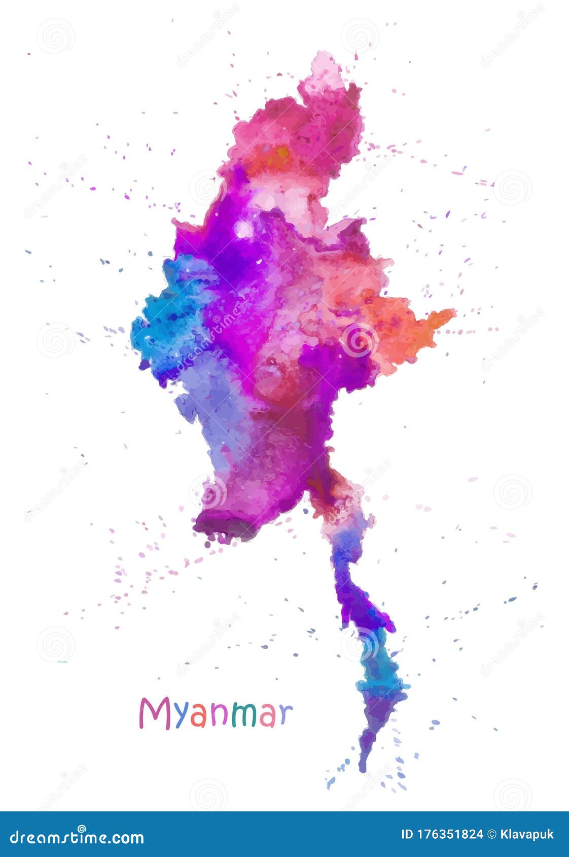 Watercolor Map of Myanmar. Stylized Image with Spots and Splashes of ...