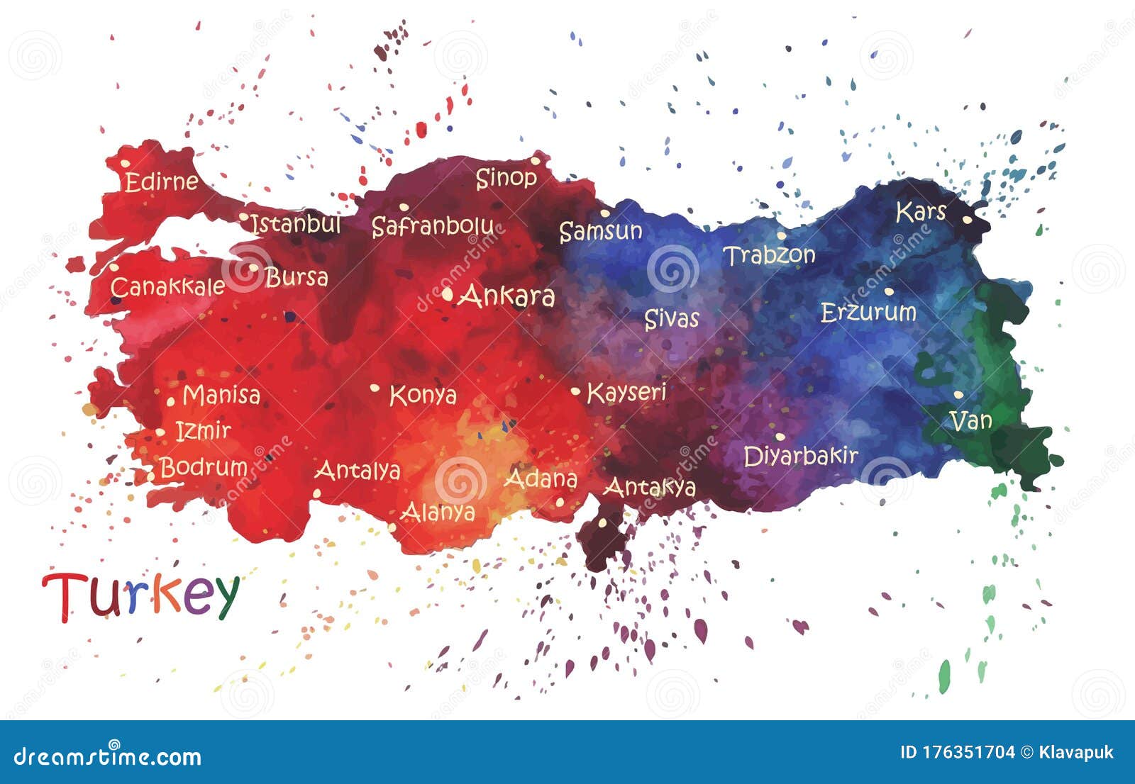 Watercolor Map of Turkey with Cities. Stylized Image with Spots and ...