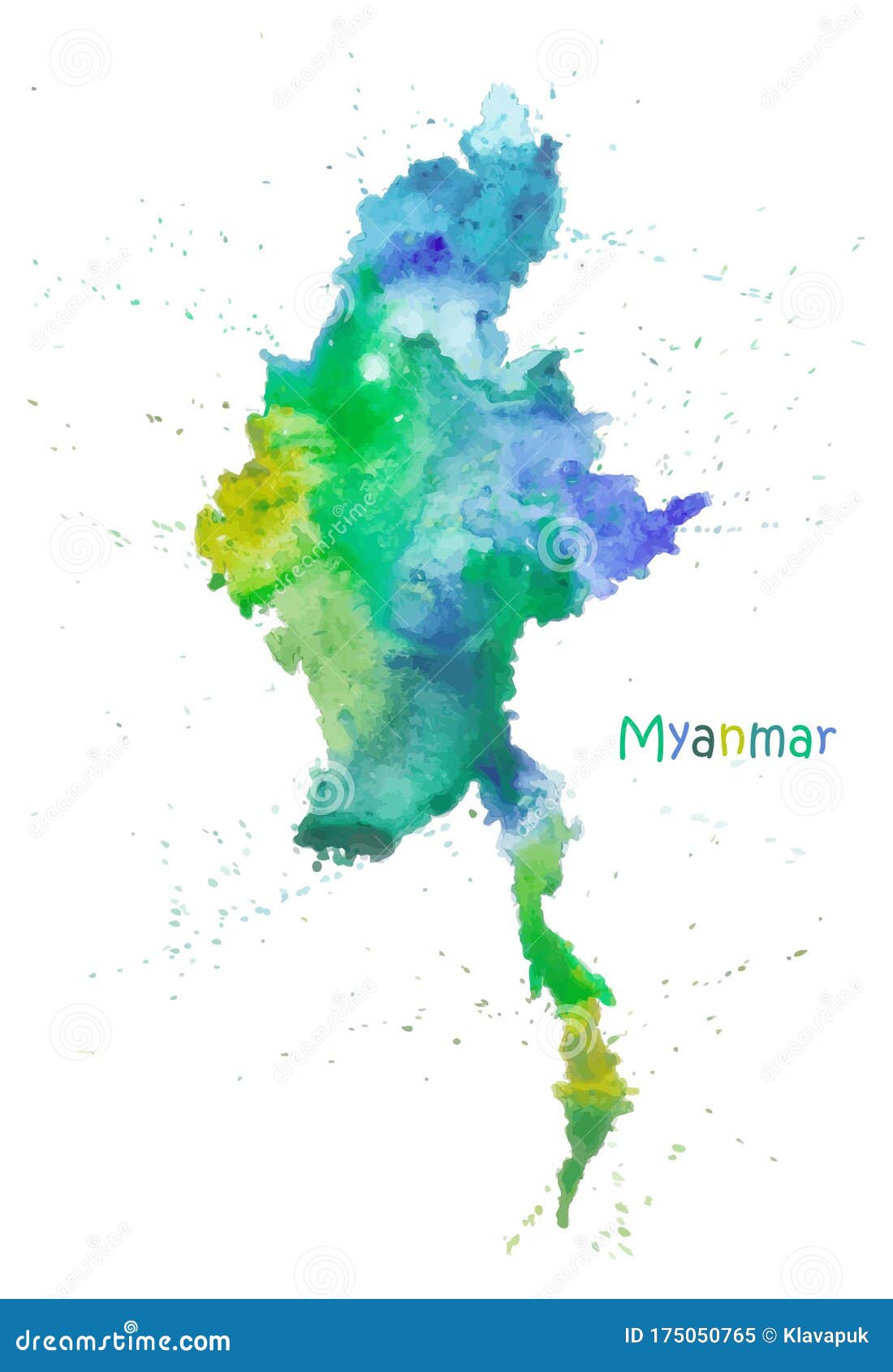 Watercolor Map of Myanmar. Stylized Image with Spots and Splashes of ...