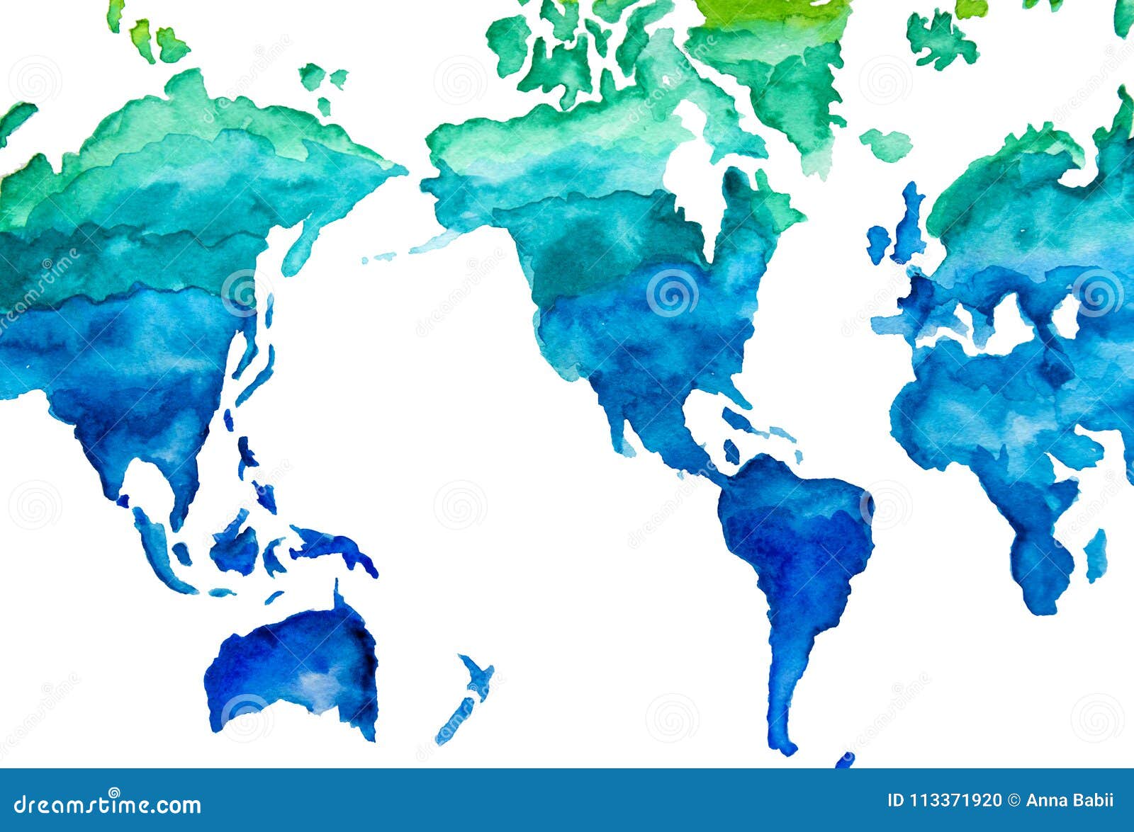 Watercolor Map of the World. Green and Blue Illustration. Stock ...