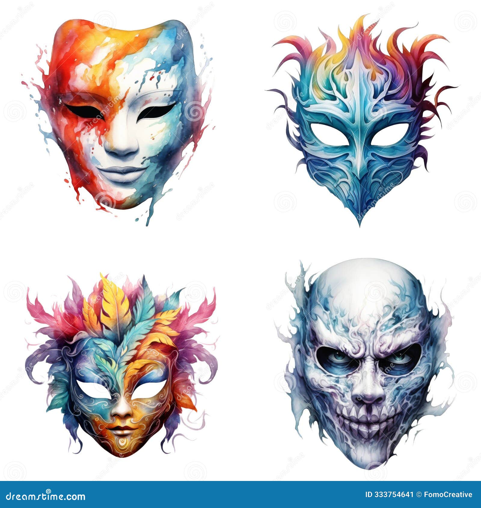 Watercolor Masks with Different Personalities and Designs Stock ...