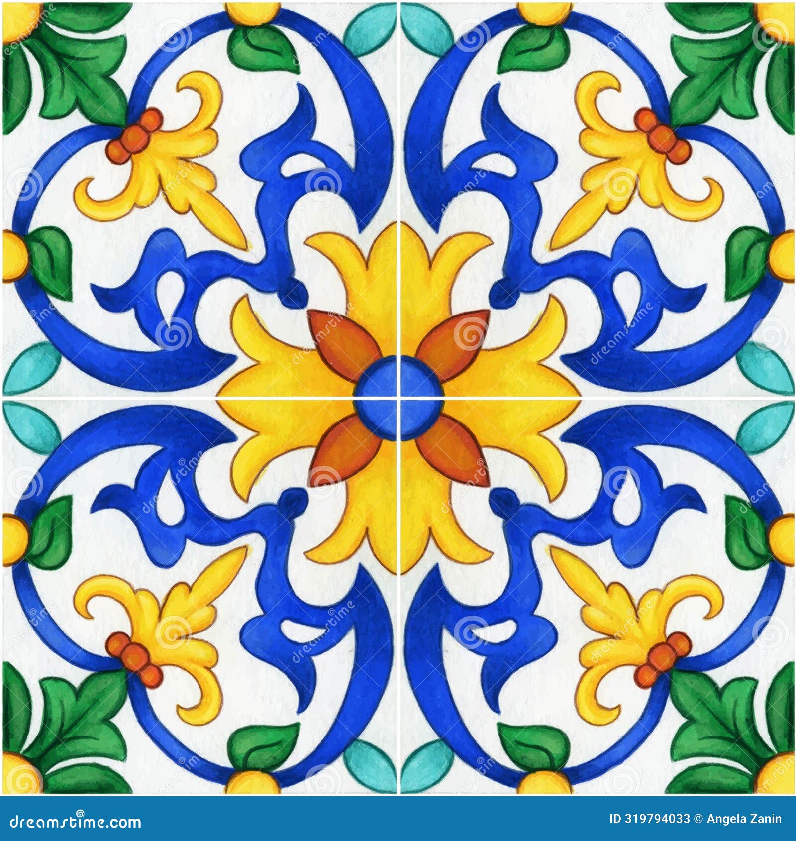 Watercolor Mediterranean Traditional Tiles Stock Vector - Illustration ...