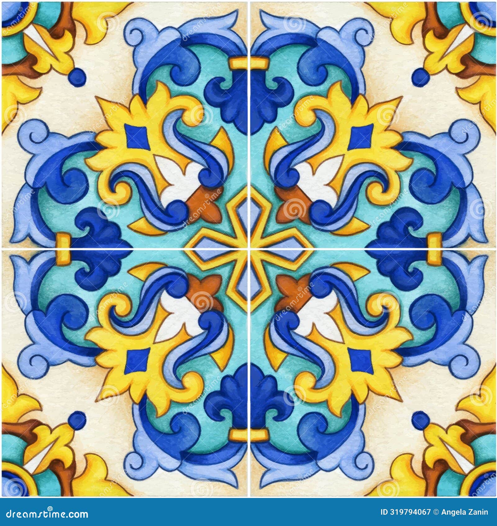 Watercolor Mediterranean Italian Traditional Tiles Stock Vector ...
