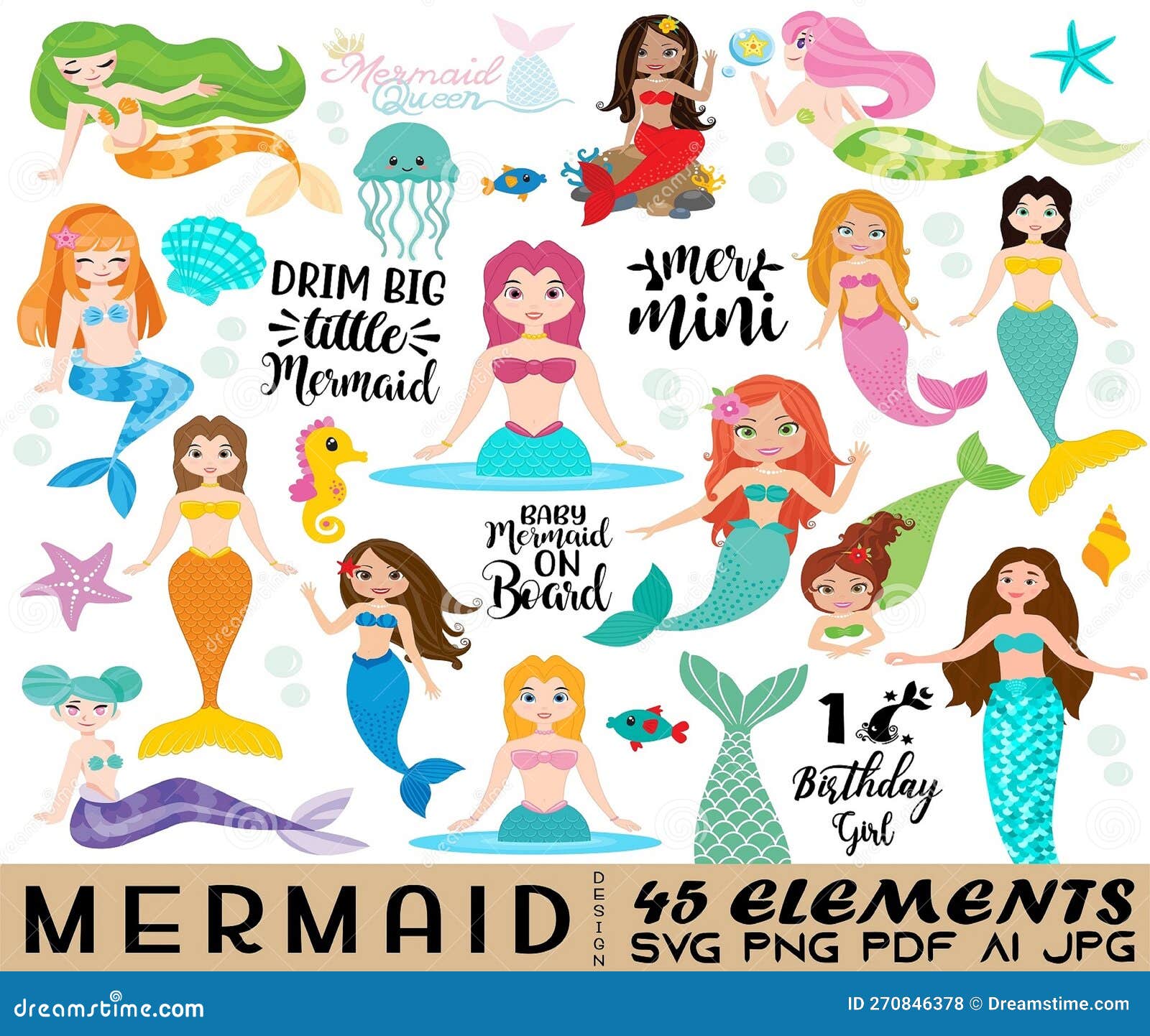 Watercolor Mermaid Clipart stock vector. Illustration of design - 270846378