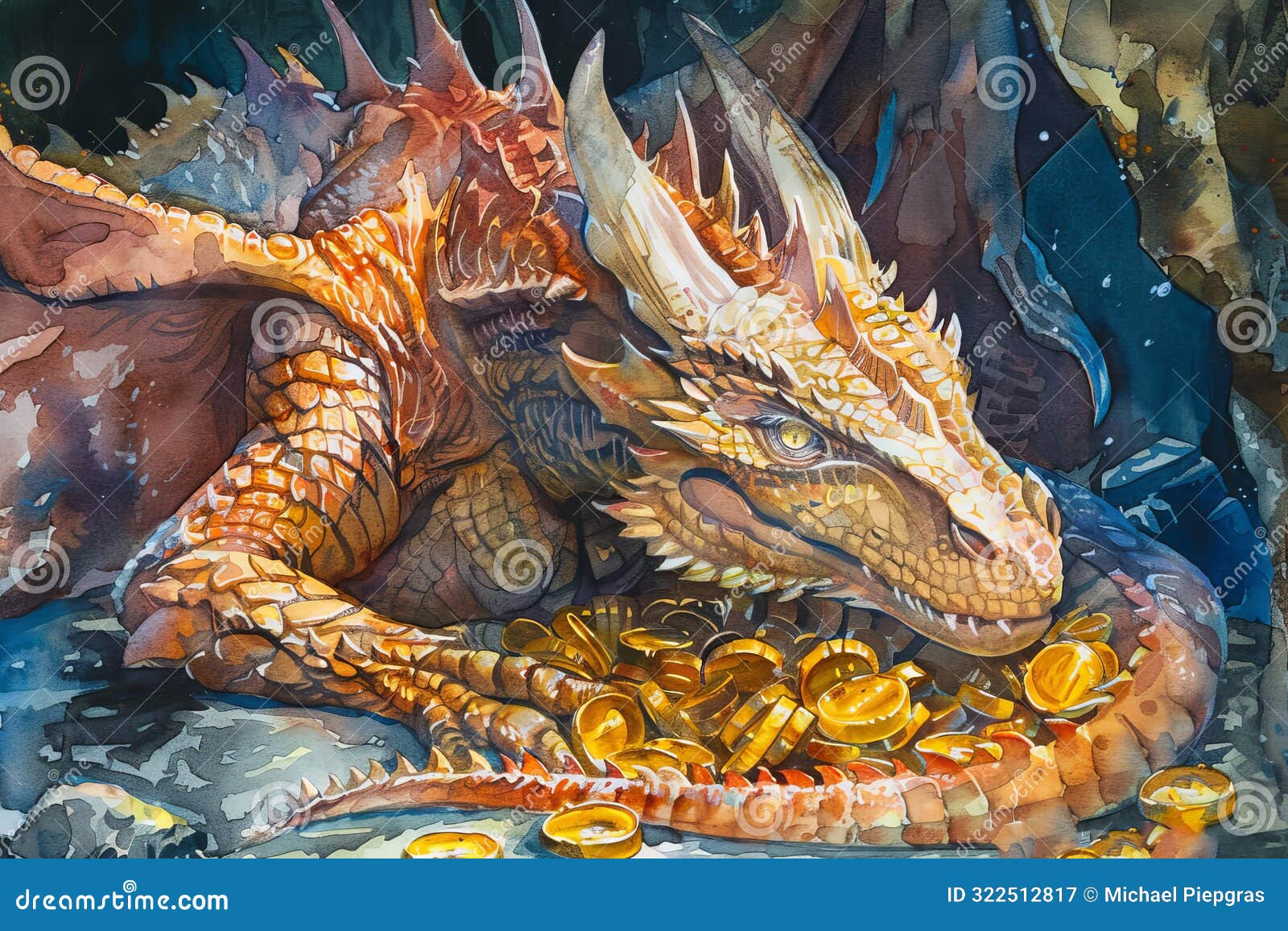 Watercolor of a Mighty Dragon Protecting Its Treasure Stock ...
