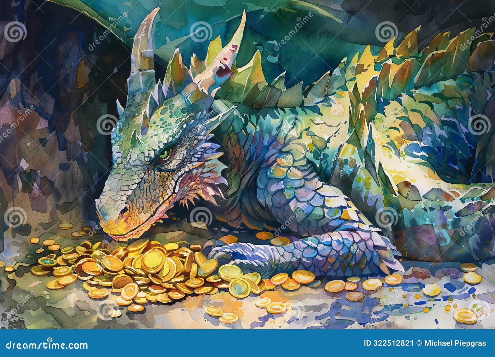 Watercolor of a Mighty Dragon Protecting Its Treasure Stock ...