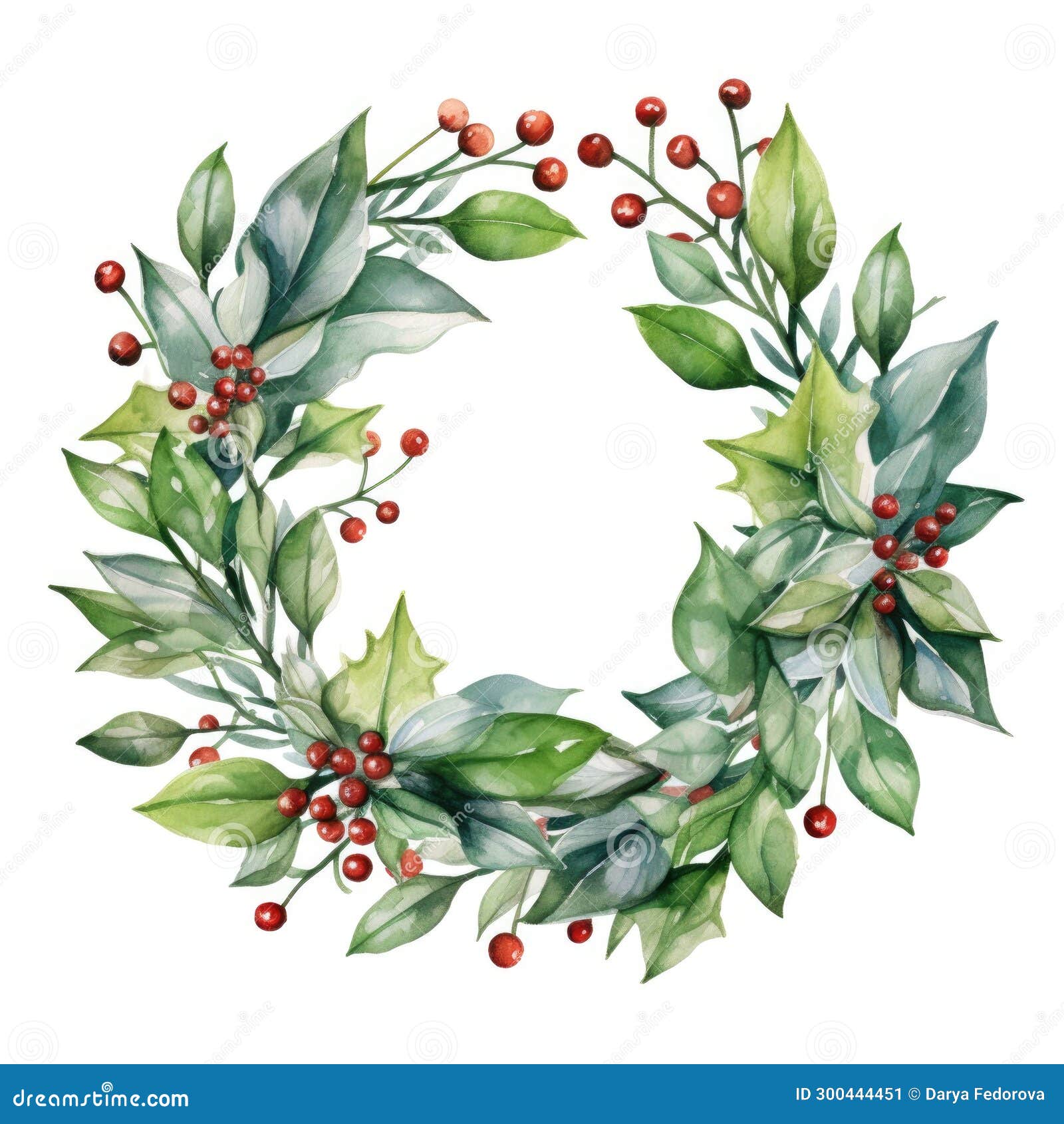 Watercolor Mistletoe Wreath with Red Berries on White Stock ...