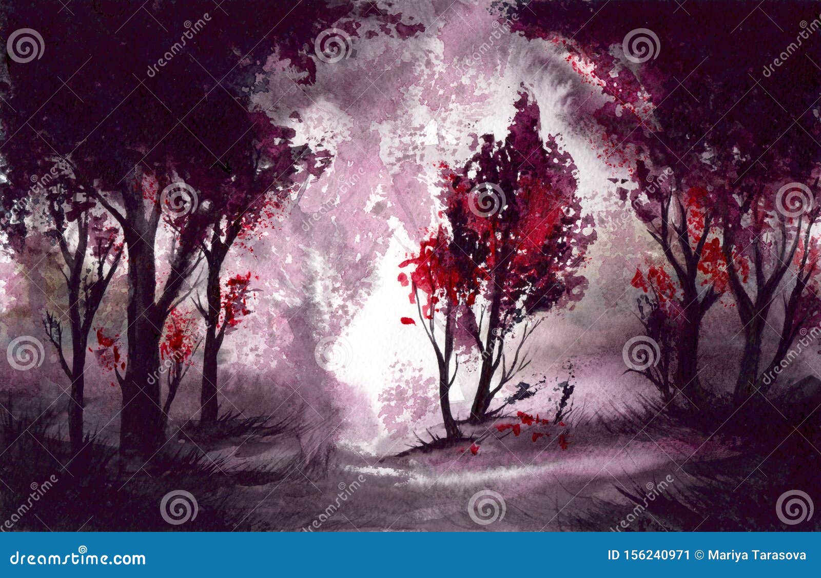 Watercolor Misty Red Forest with Rays of Light Stock Illustration ...