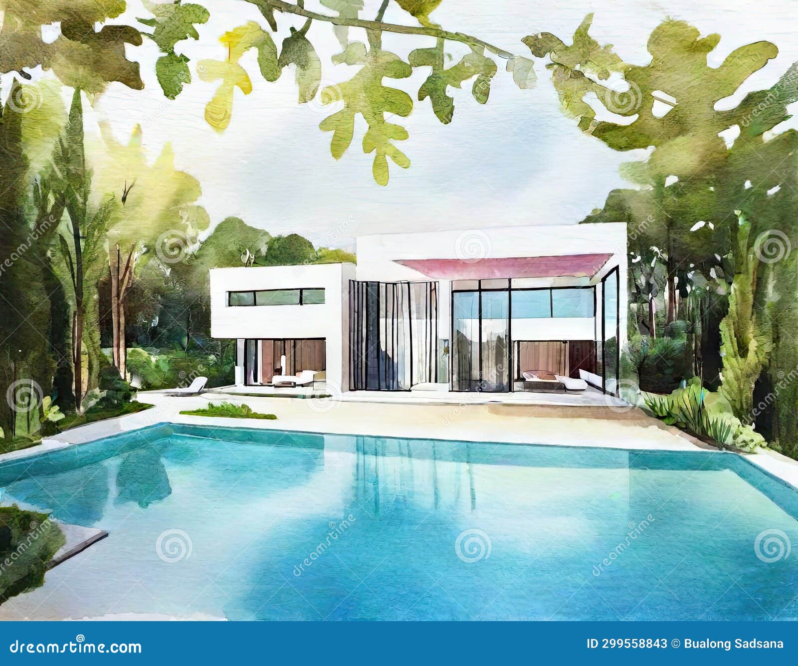 Watercolor of Modern House with Pool Stock Illustration - Illustration ...
