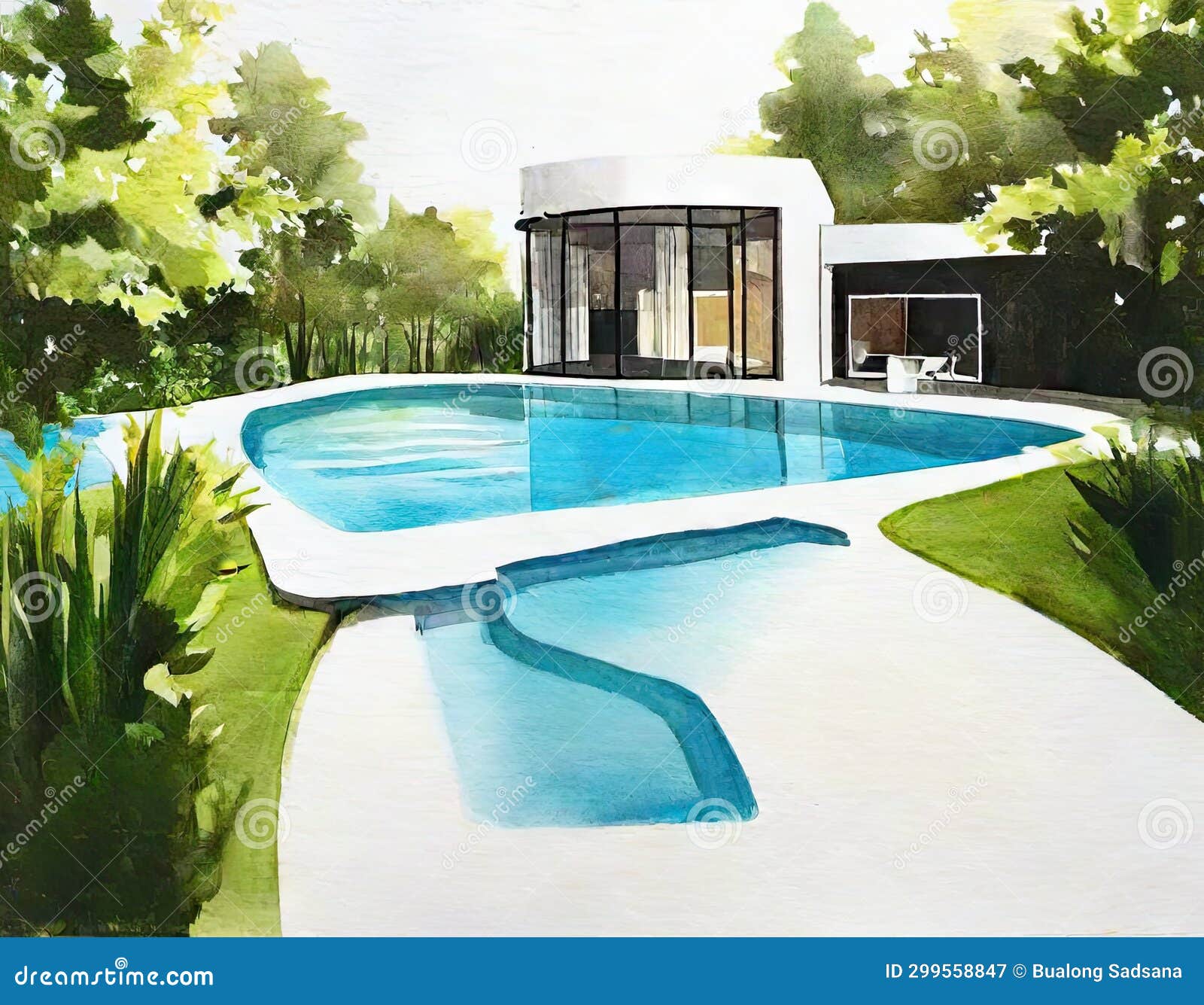 Watercolor of Modern House with Pool Stock Illustration - Illustration ...