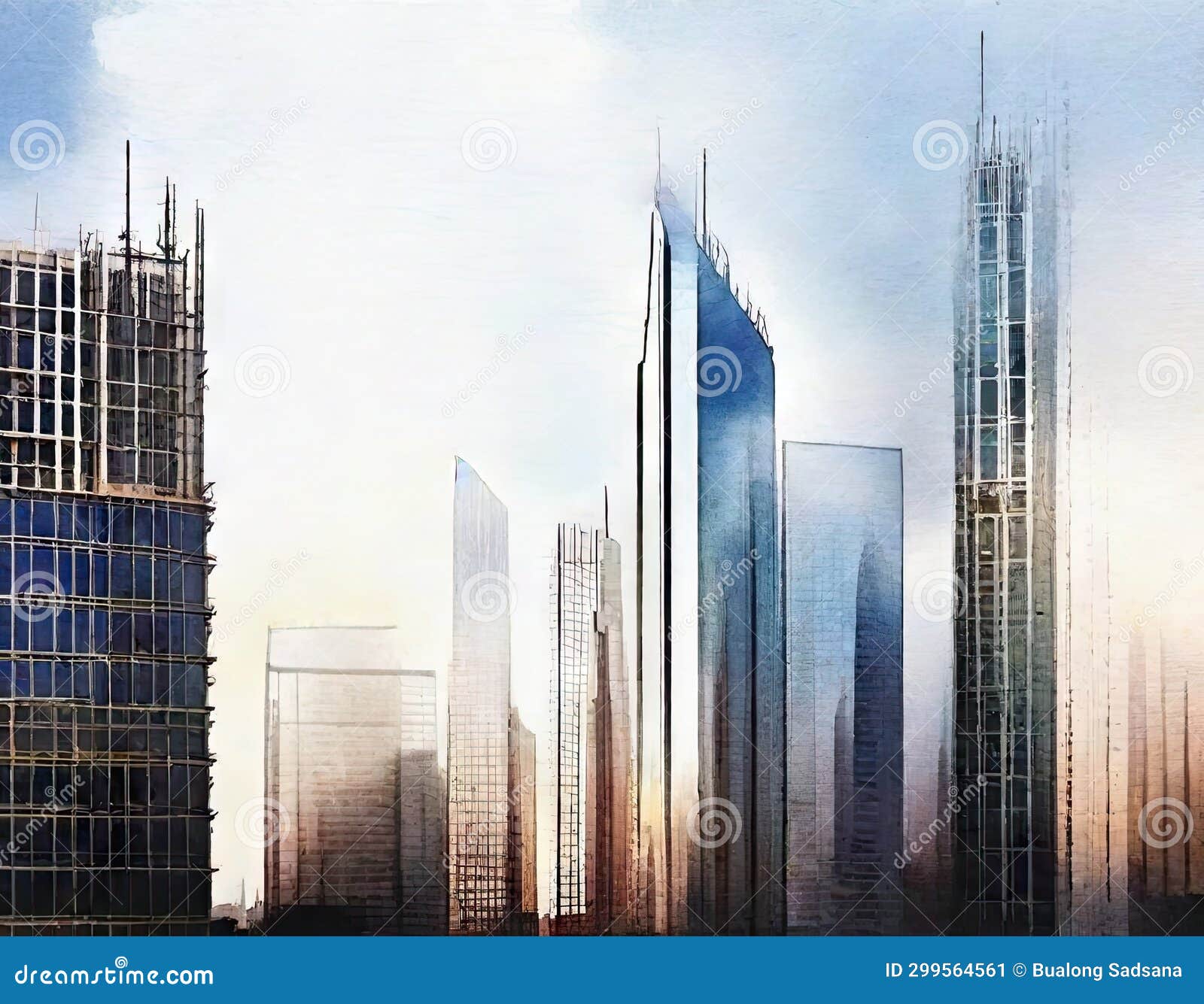 Watercolor of Modern Skyscraper Under Construction Surrounded by Stock ...