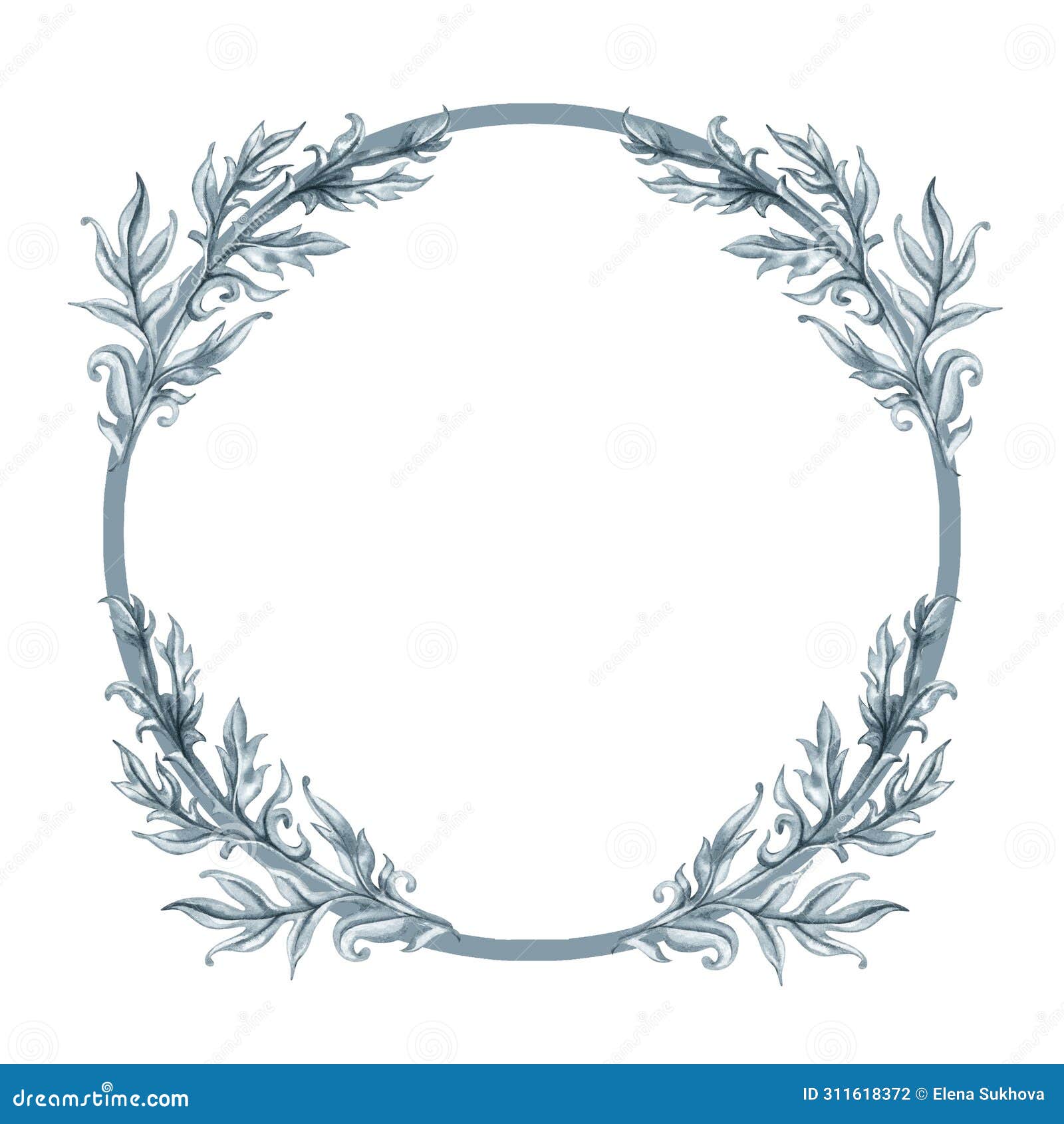 Watercolor Monochrome Gray Round Frame of Abstract Plant Patterns and ...