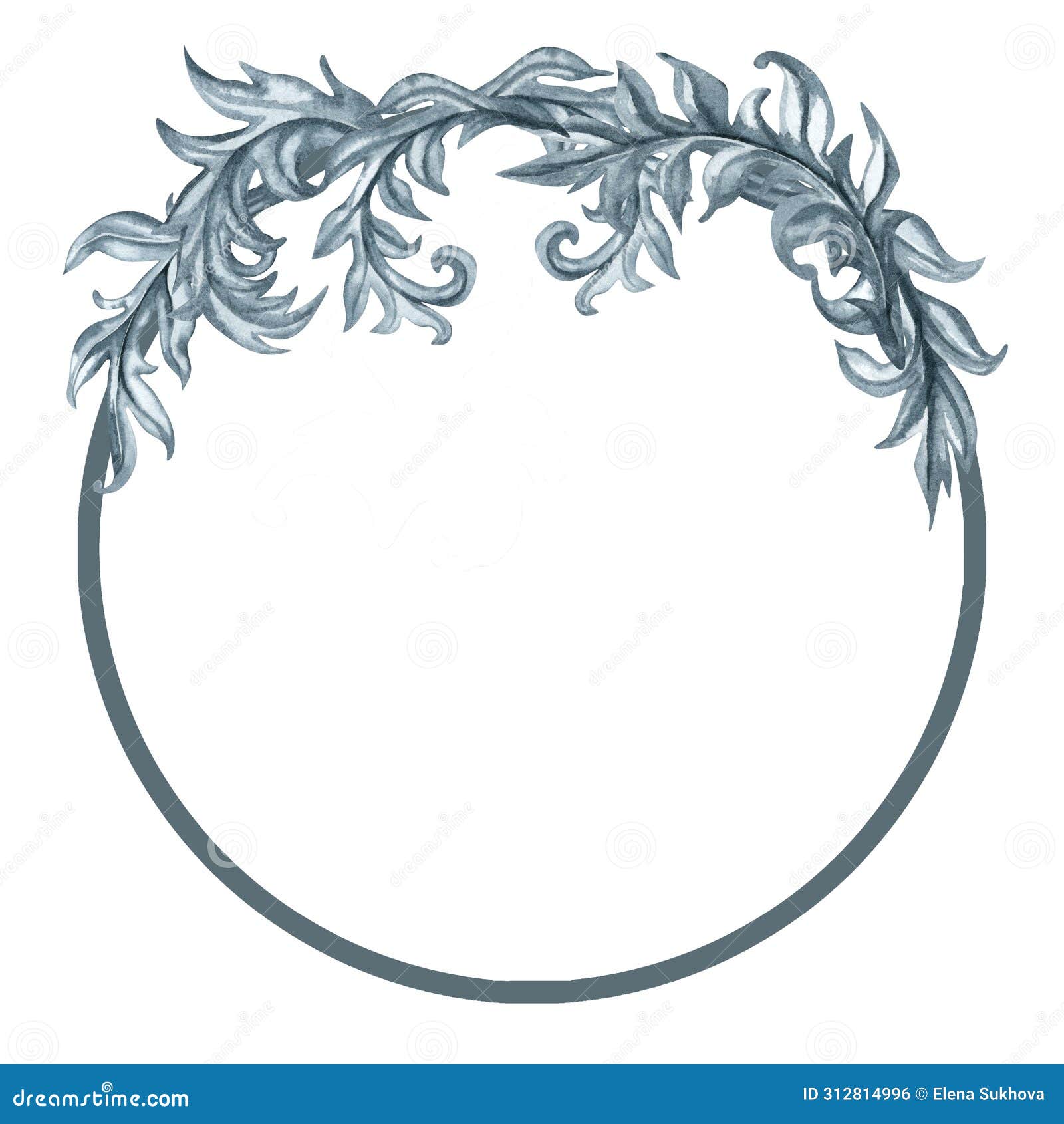 Watercolor Monochrome Gray Round Frame of Abstract Plant Patterns and ...