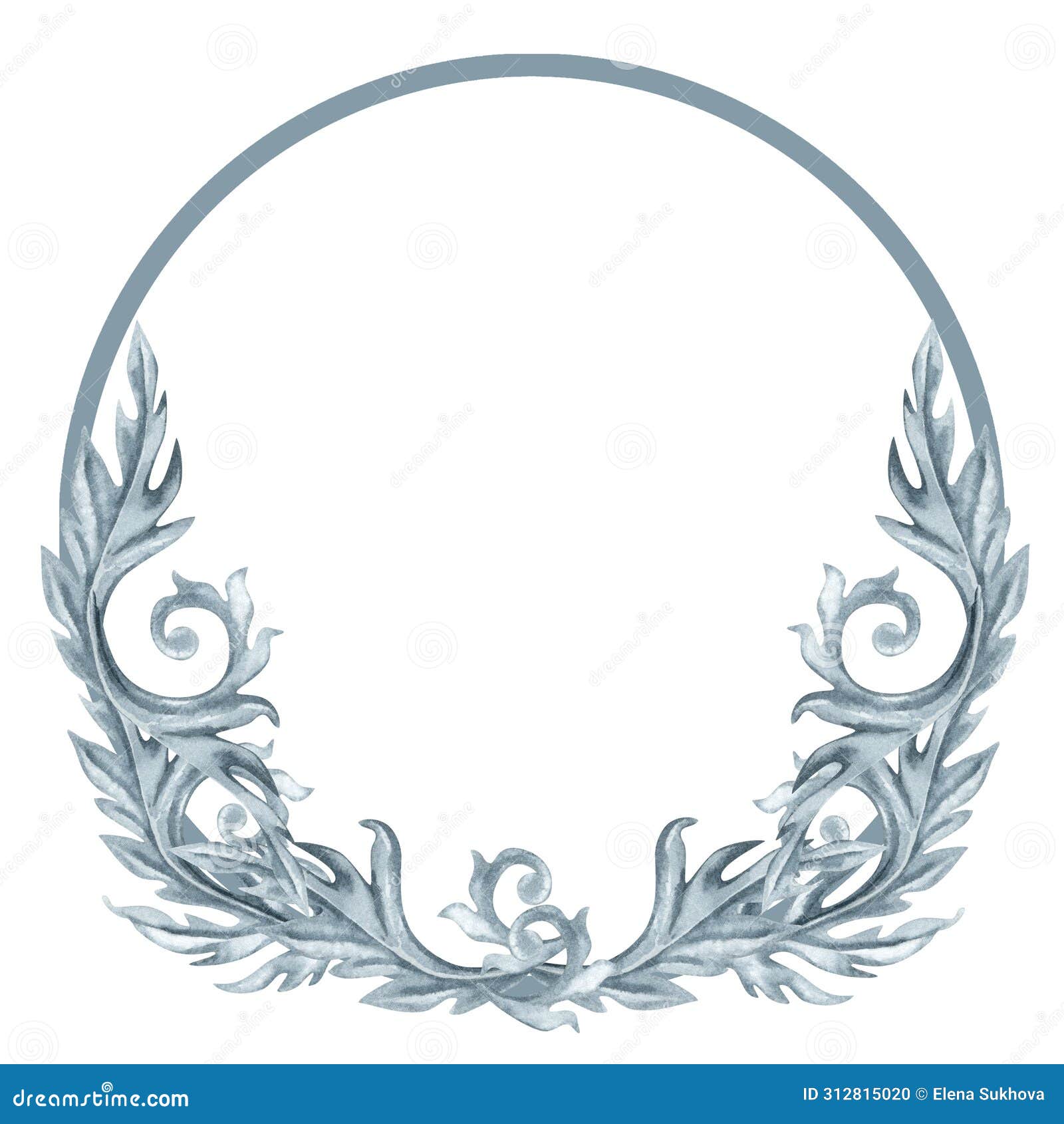 Watercolor Monochrome Gray Round Frame of Abstract Plant Patterns and ...