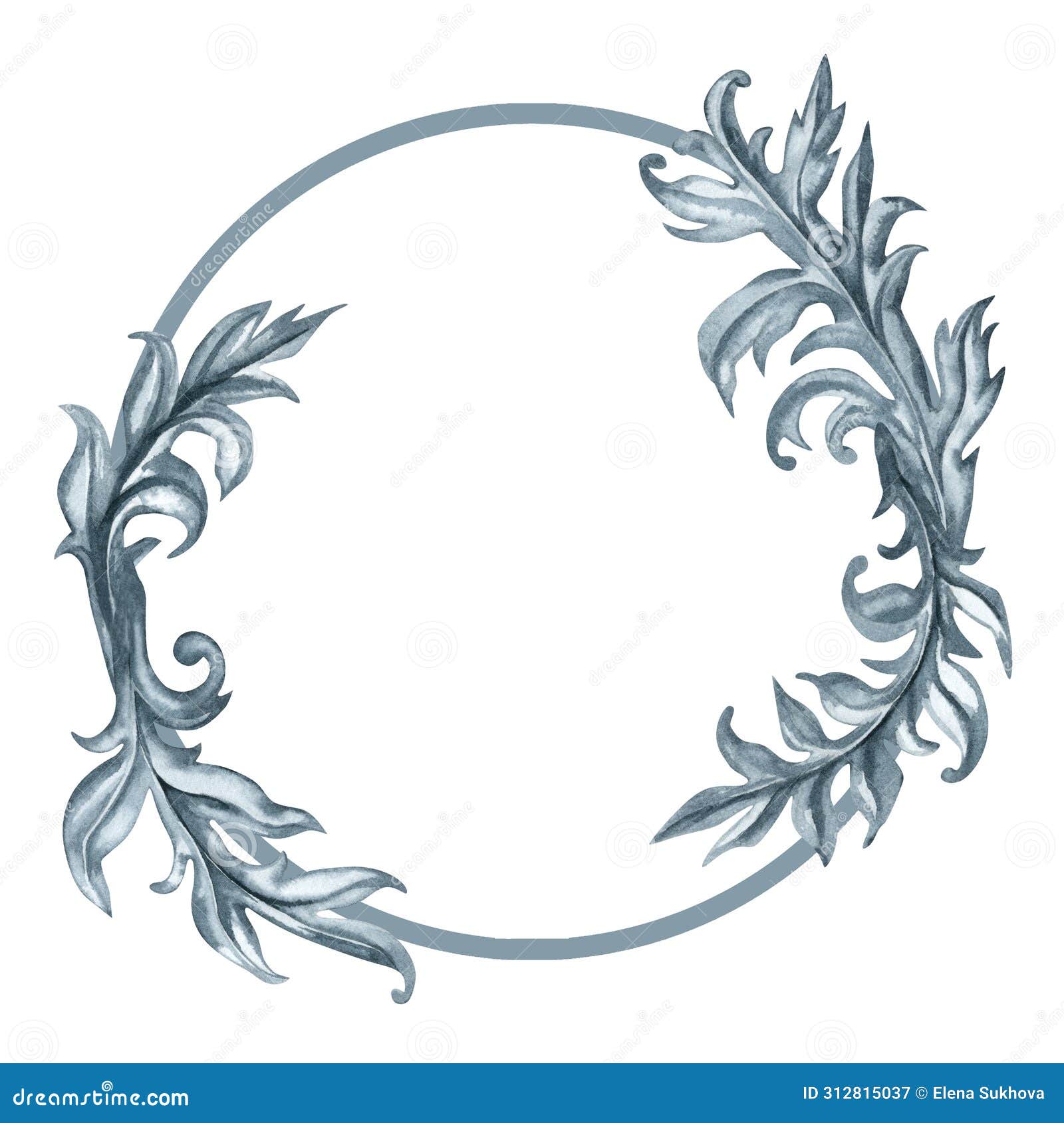 Watercolor Monochrome Gray Round Frame of Abstract Plant Patterns and ...