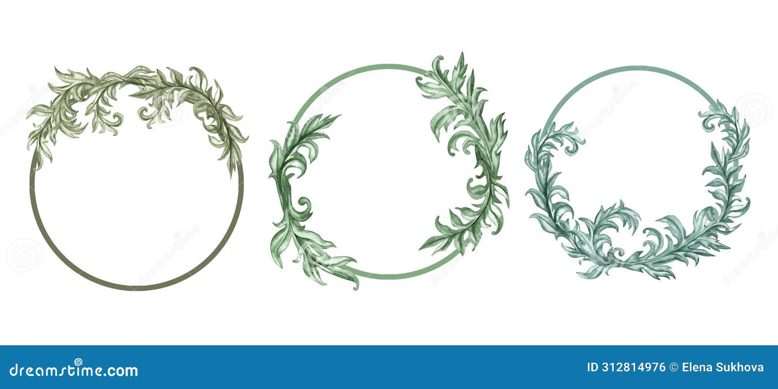 Watercolor Monochrome Green Round Frame of Abstract Plant Patterns and ...