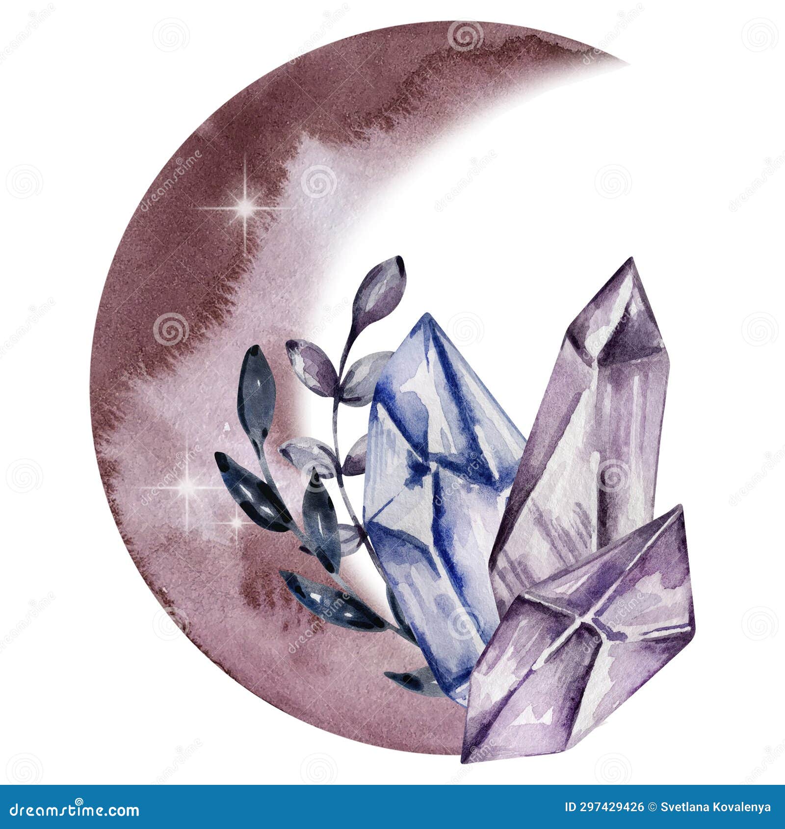 Watercolor Moon with Crystal and Floral Stock Illustration ...