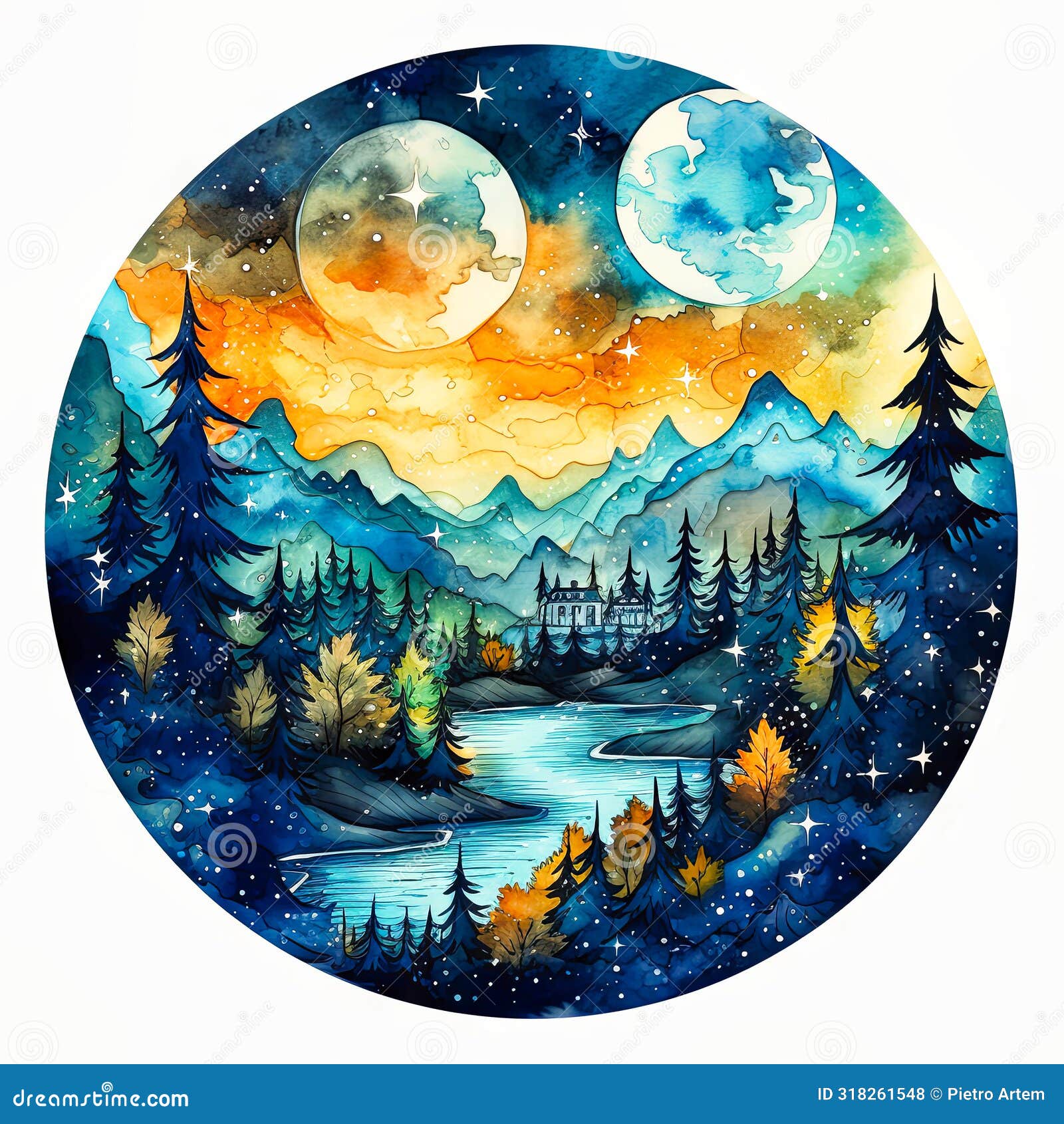 Watercolor Night Scene with Mountains and Stars Stock Photo - Image of ...