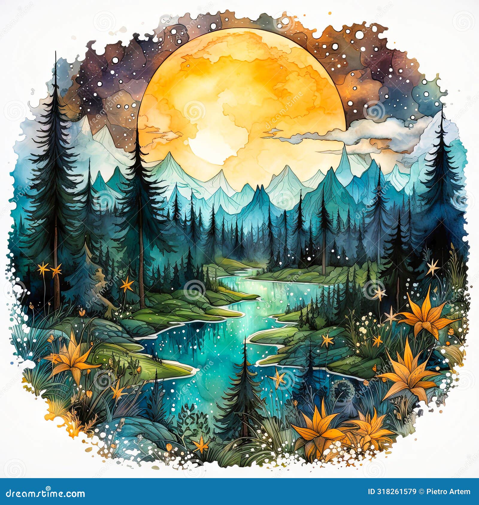 Watercolor Night Scene with Mountains and Stars Stock Image - Image of ...