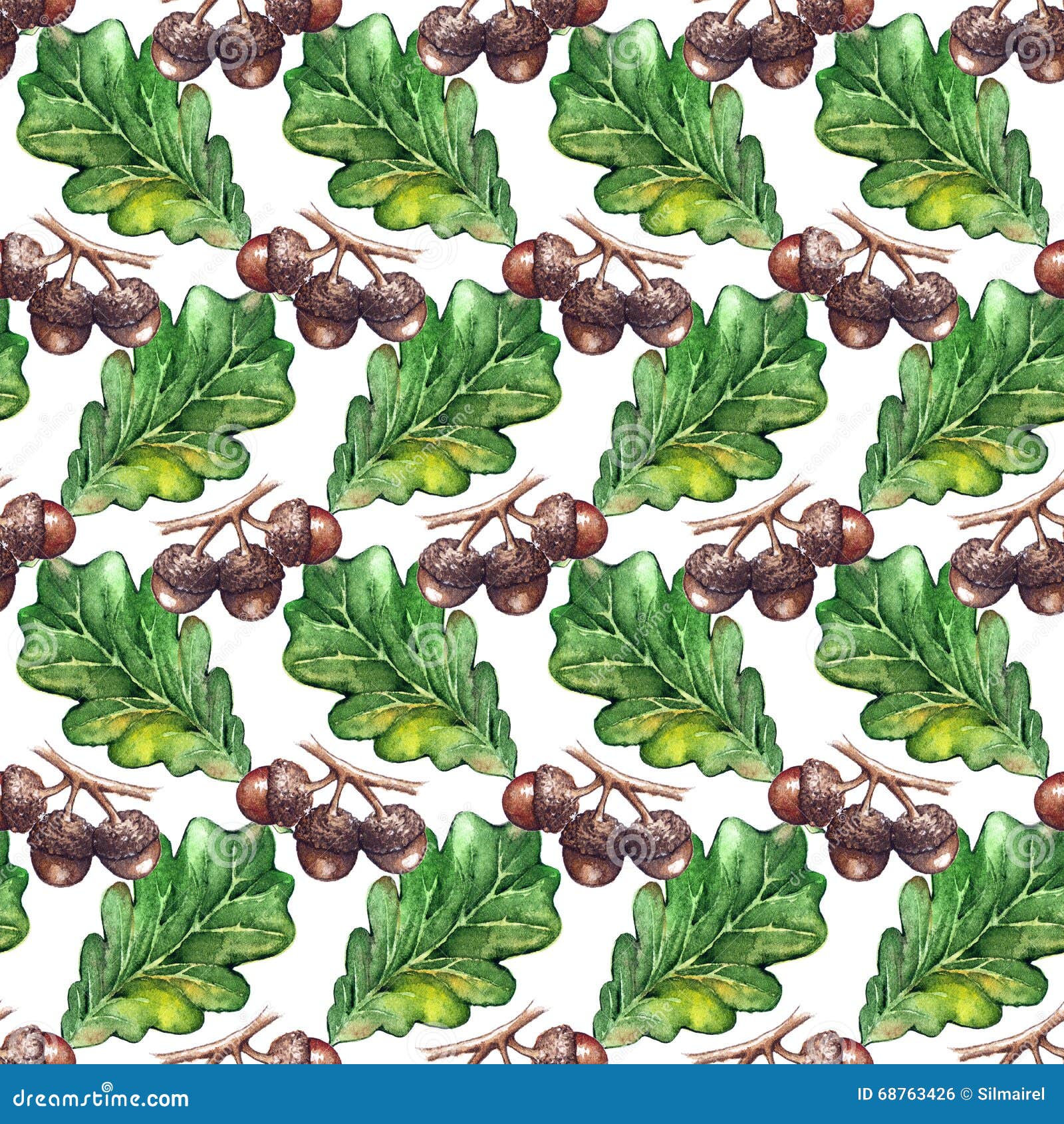 Watercolor Oak Green Leaf Acorn Seed Seamless Pattern Background ...