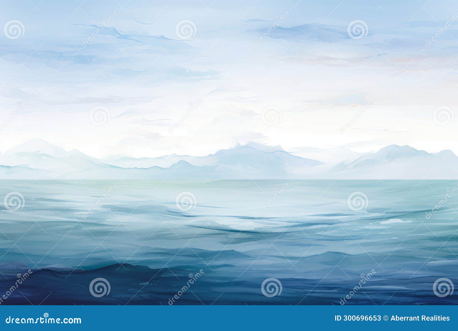 Watercolor Ocean Background with Mountains and Clouds Stock ...