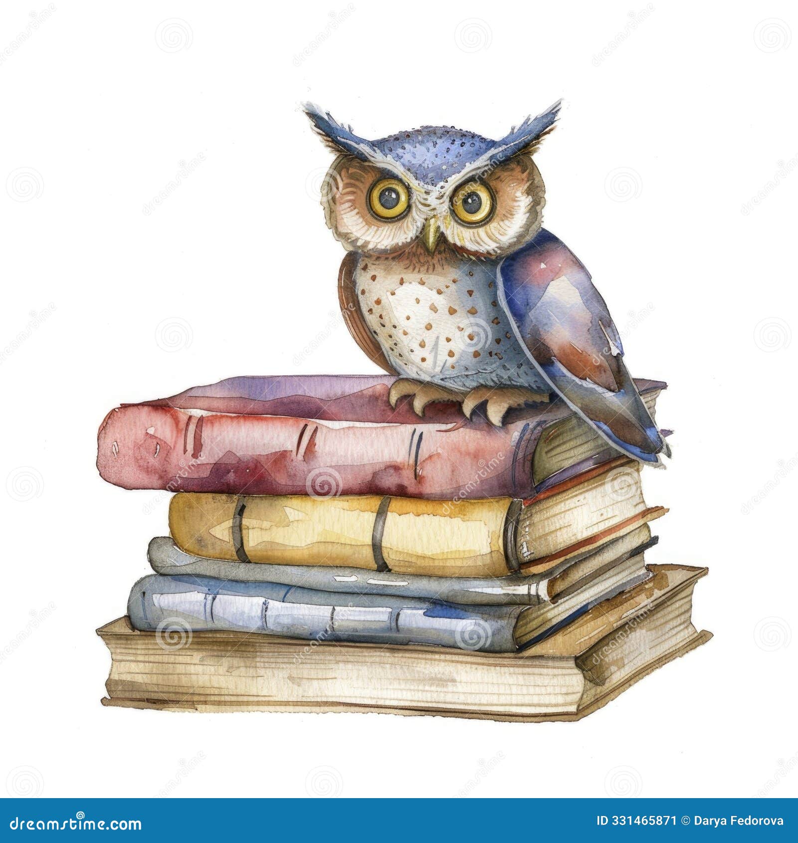 Watercolor Owl on Stack of Vintage Books Stock Illustration ...