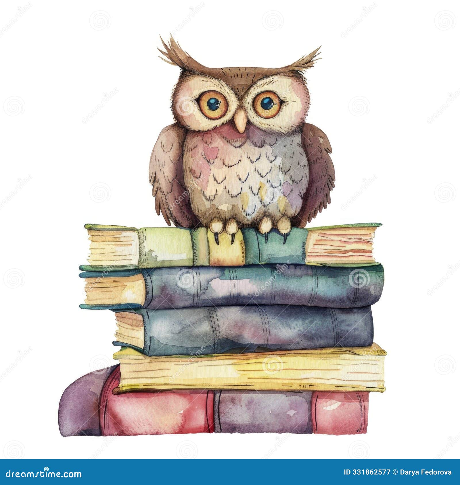 Watercolor Owl on Stack of Vintage Books Stock Illustration ...