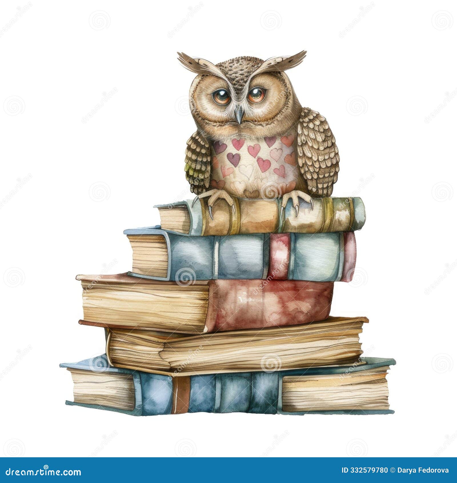 Watercolor Owl on Stack of Vintage Books Stock Illustration ...
