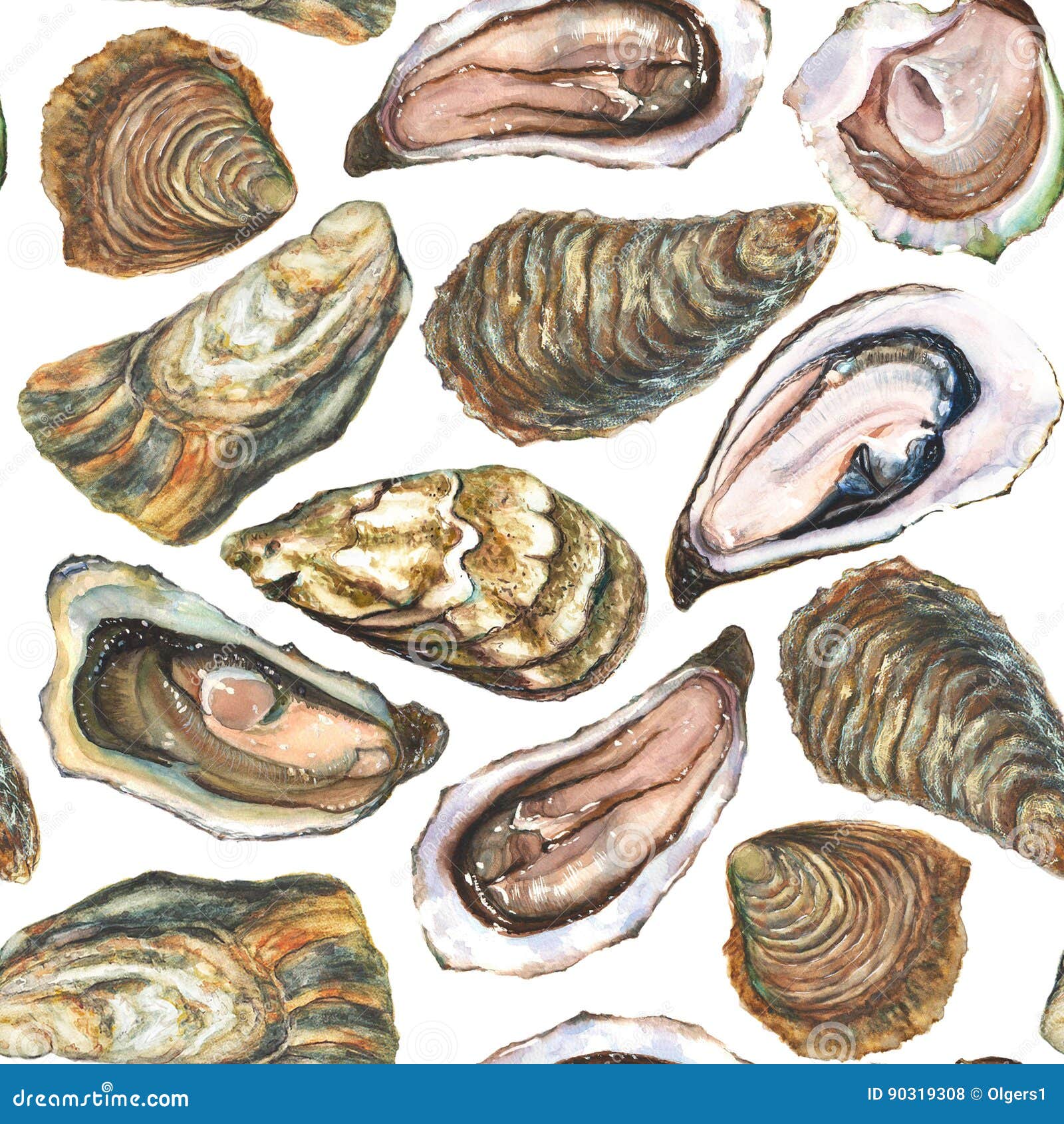 Watercolor Oysters Seamless Pattern on White Backgroun Stock ...